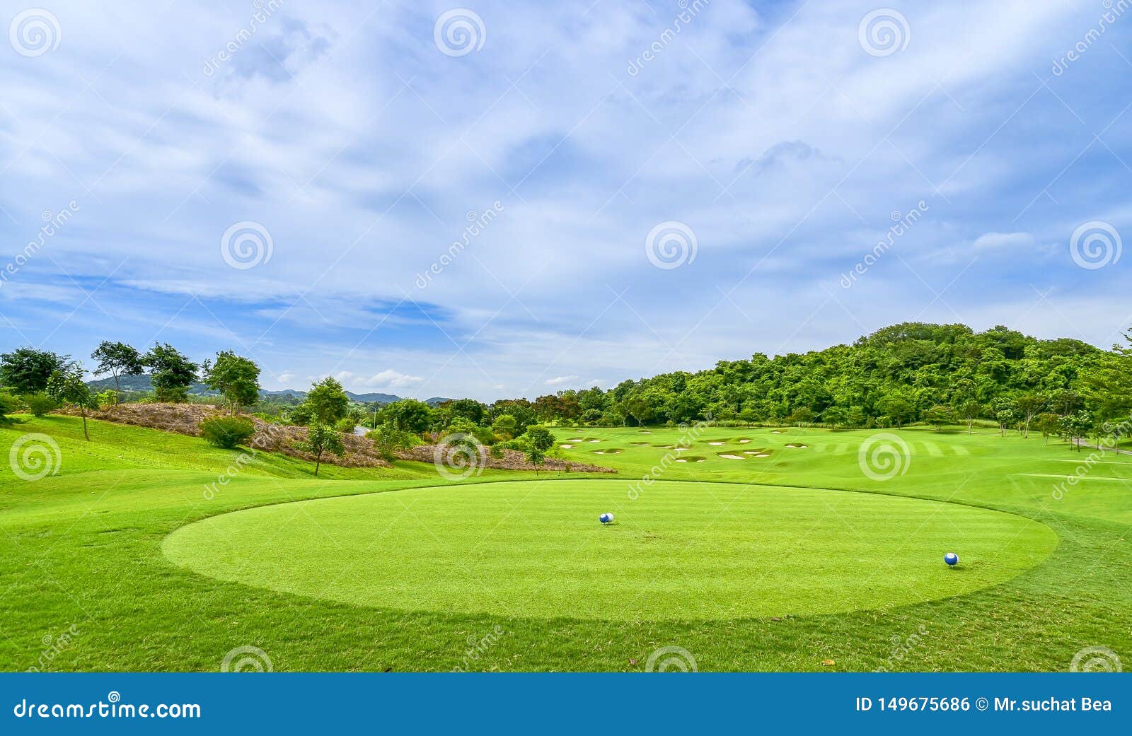 A Beautiful Golf Course , Sand Bunker and Green Grass Stock Photo ...