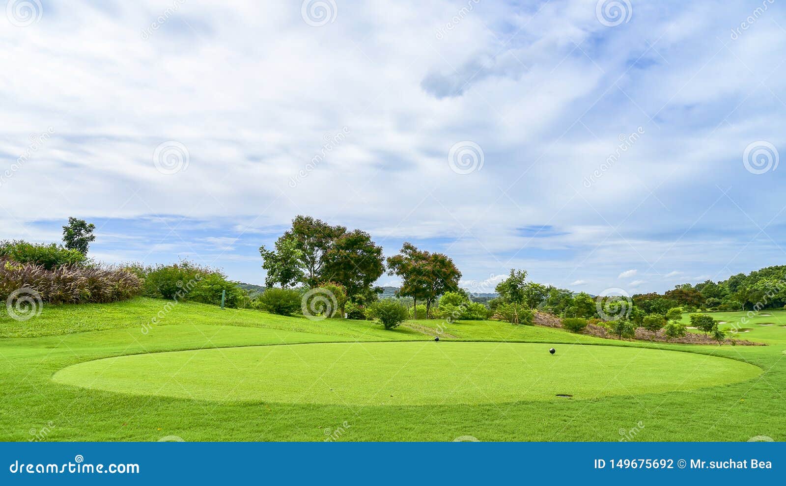 A Beautiful Golf Course , Sand Bunker and Green Grass Stock Photo ...