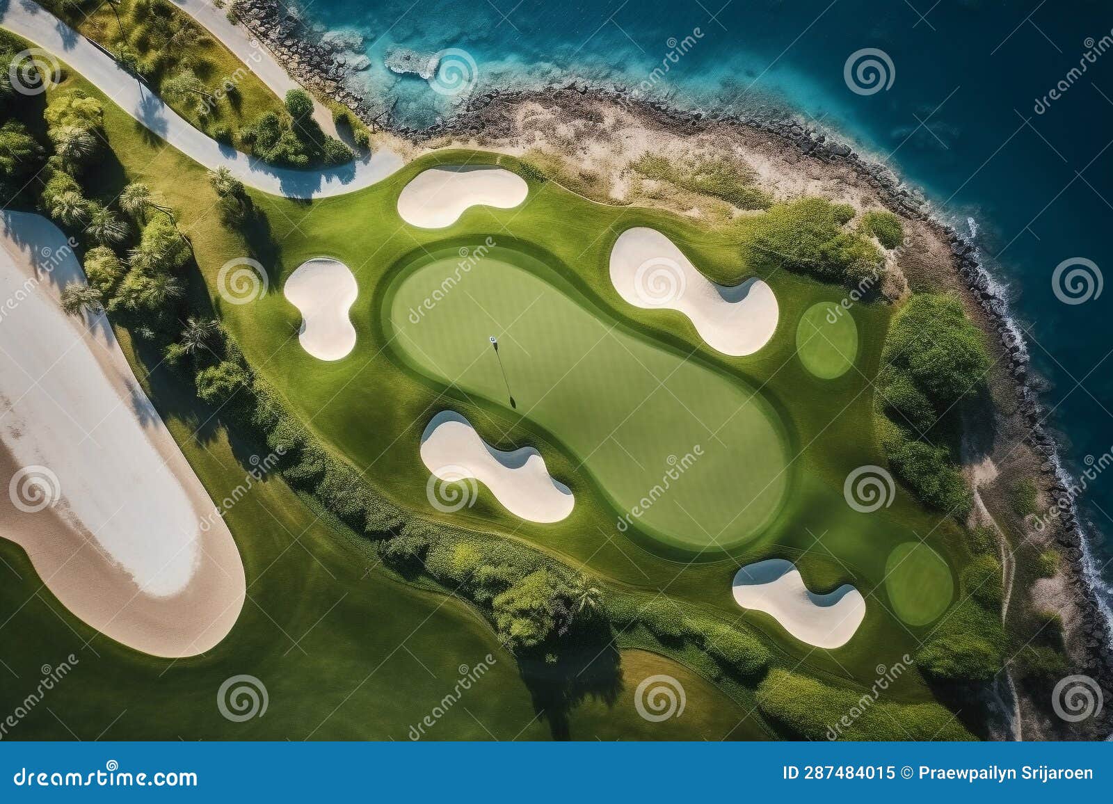 Beautiful Golf Course with Sand Bunkers with Blue Sky. Stock Image ...