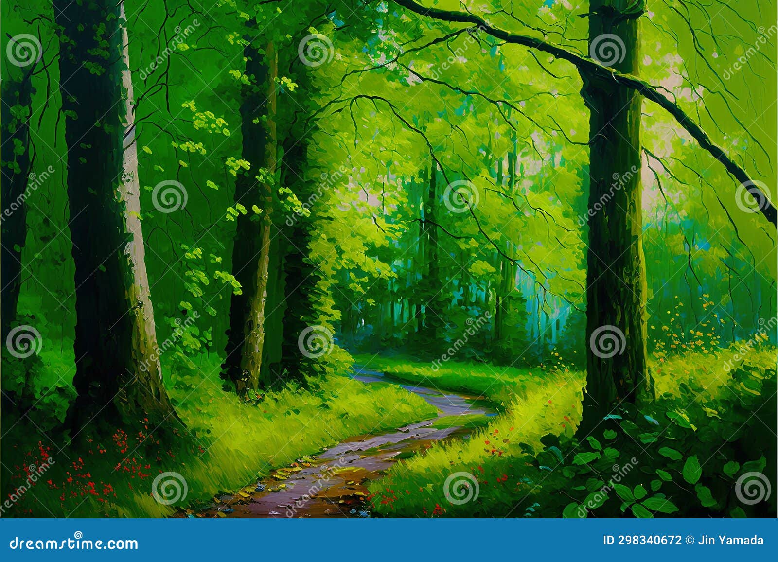 Beautiful Green Forest with Path and Trees. Digital Painting ...