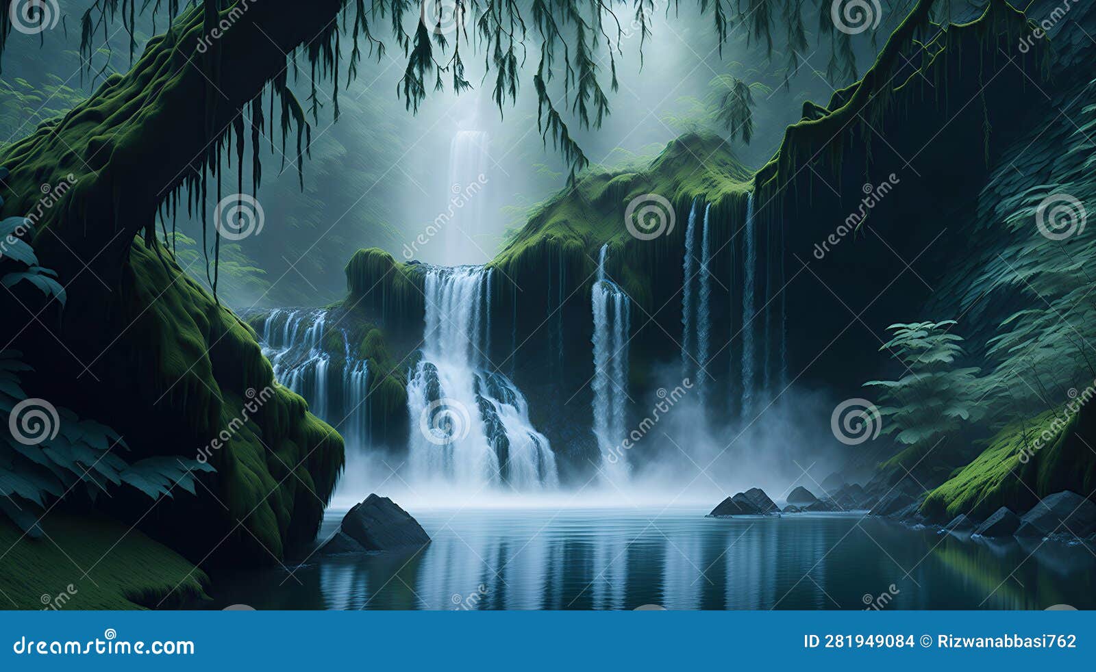 The Beautiful Green Forest with a Waterfall Stock Illustration ...