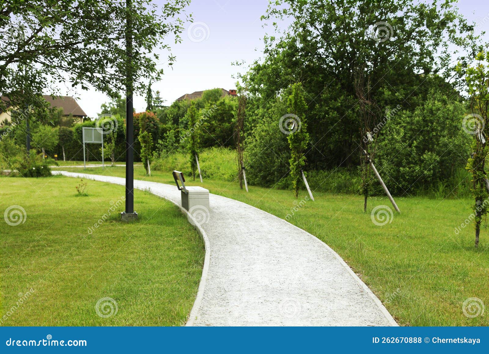 Beautiful Green Park with Path and Bench Stock Photo - Image of bench ...