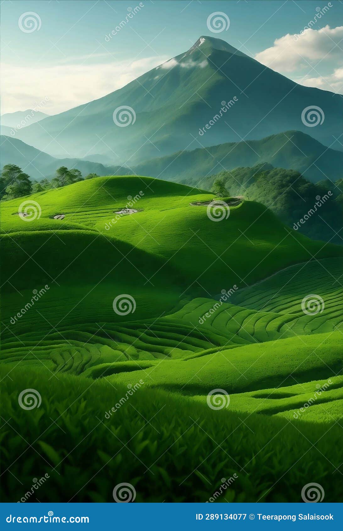 A Beautiful Green Tea Field on Mountain with Blue Sky Background Stock ...