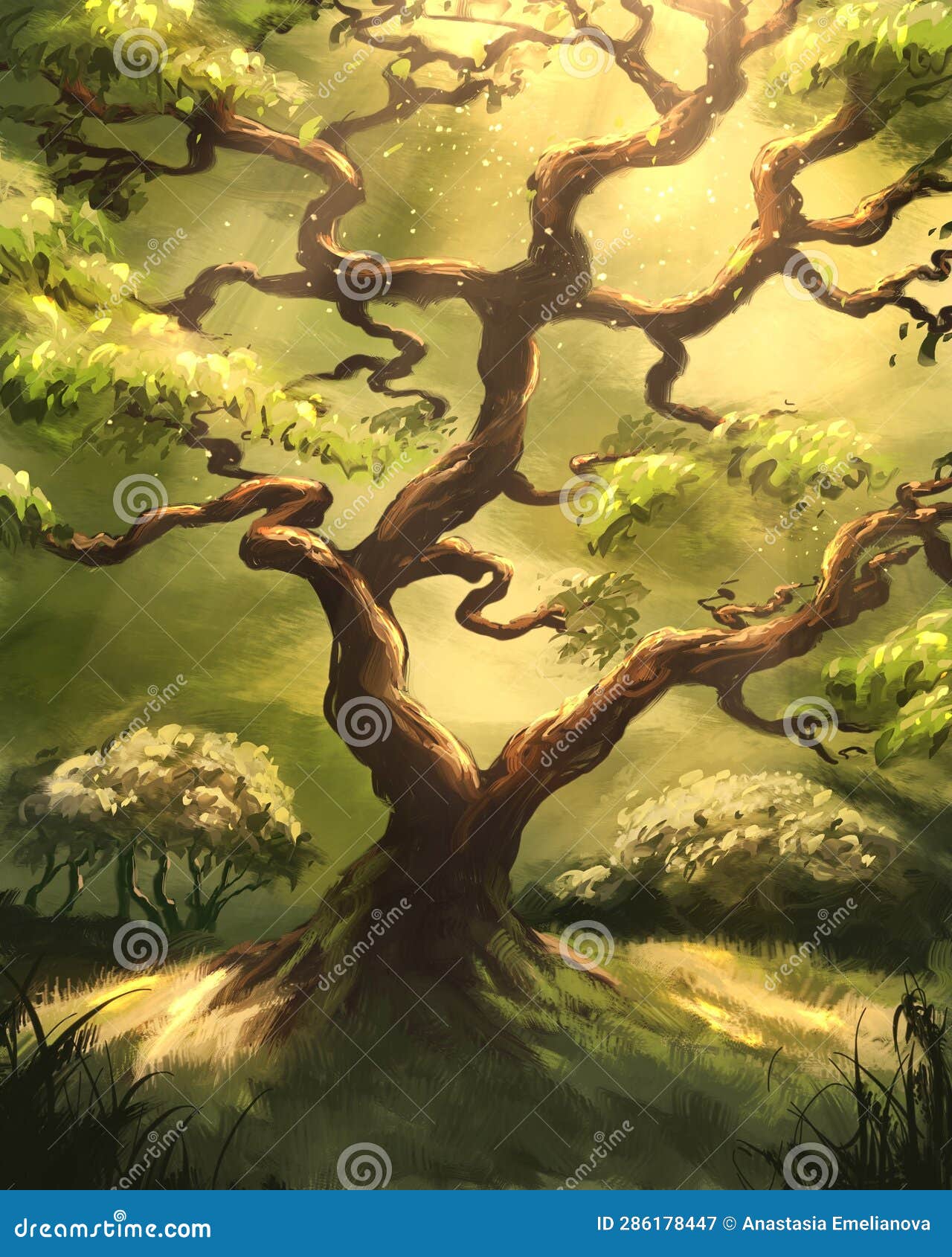 Curved tree in the forest stock illustration. Illustration of painting ...