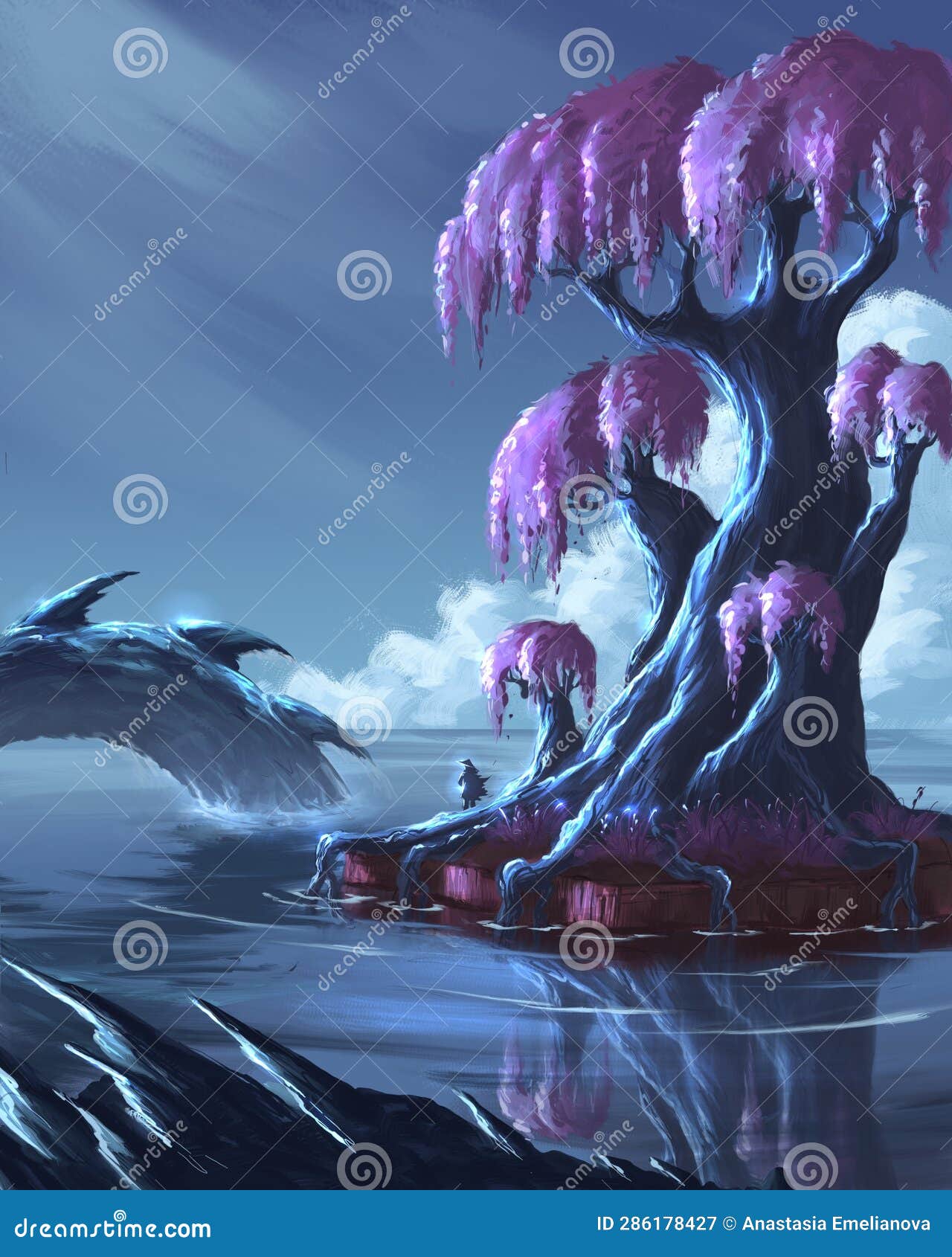 Violet tree at dark night stock illustration. Illustration of fairy ...