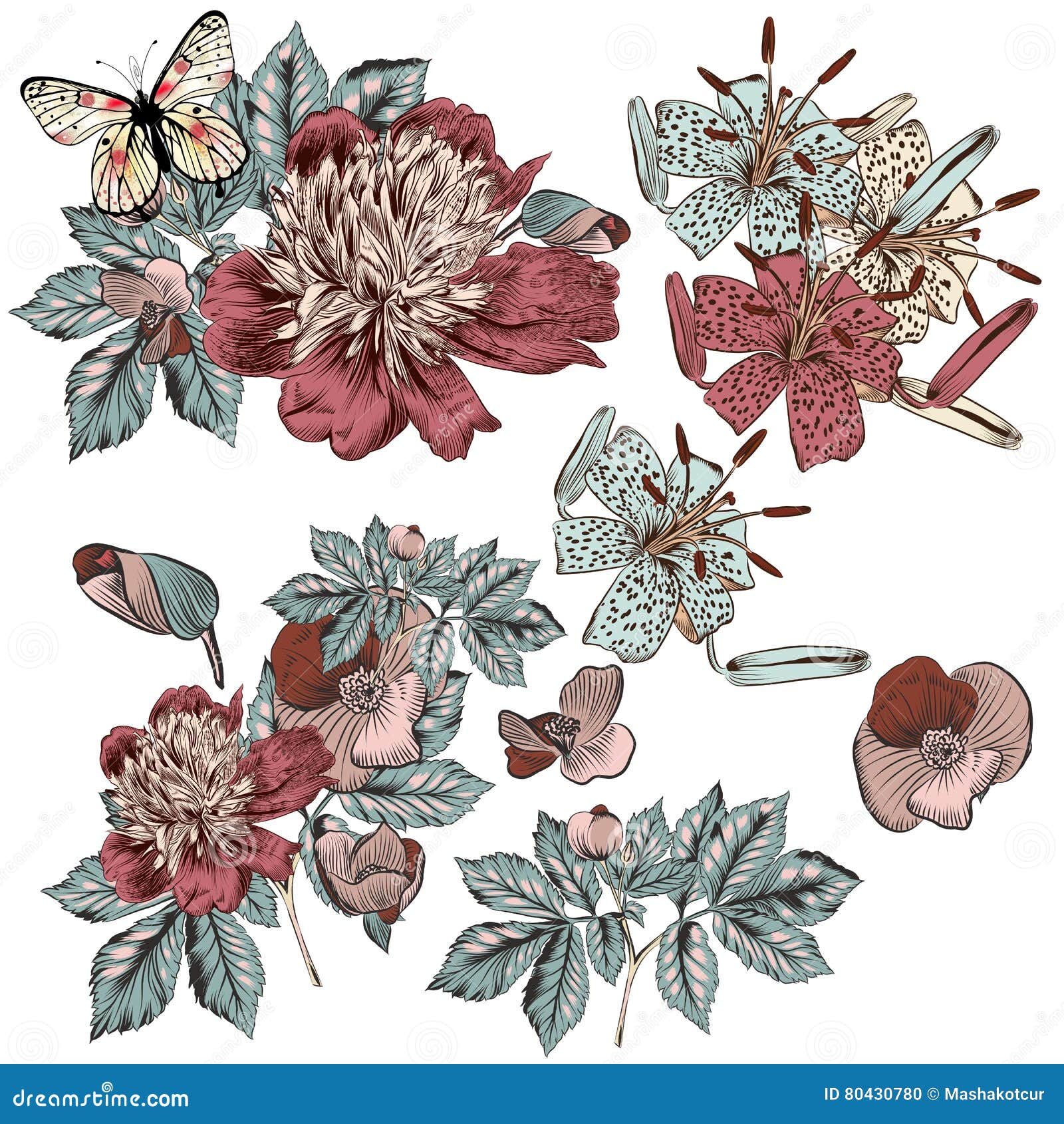 Beautiful Hand Drawn Flowers for Design in Realistic Style Stock Vector ...