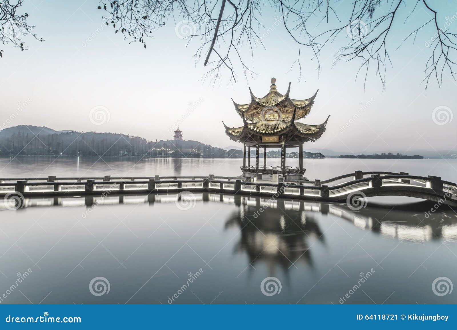 Beautiful Hangzhou in Sunset and Ancient Pavilion Stock Image - Image ...