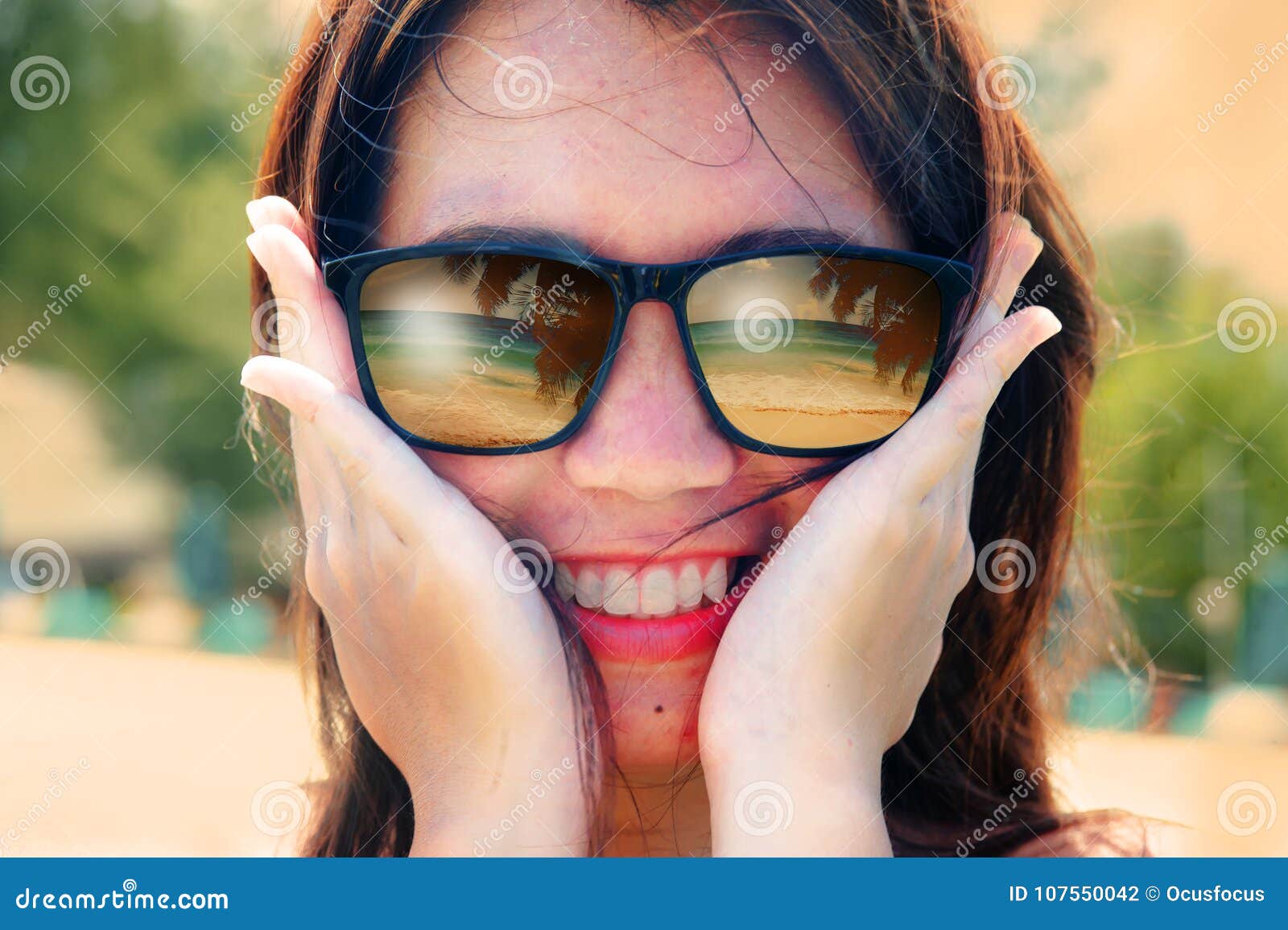 Beautiful And Happy Asian Woman Smiling Holding Her Face Wearing