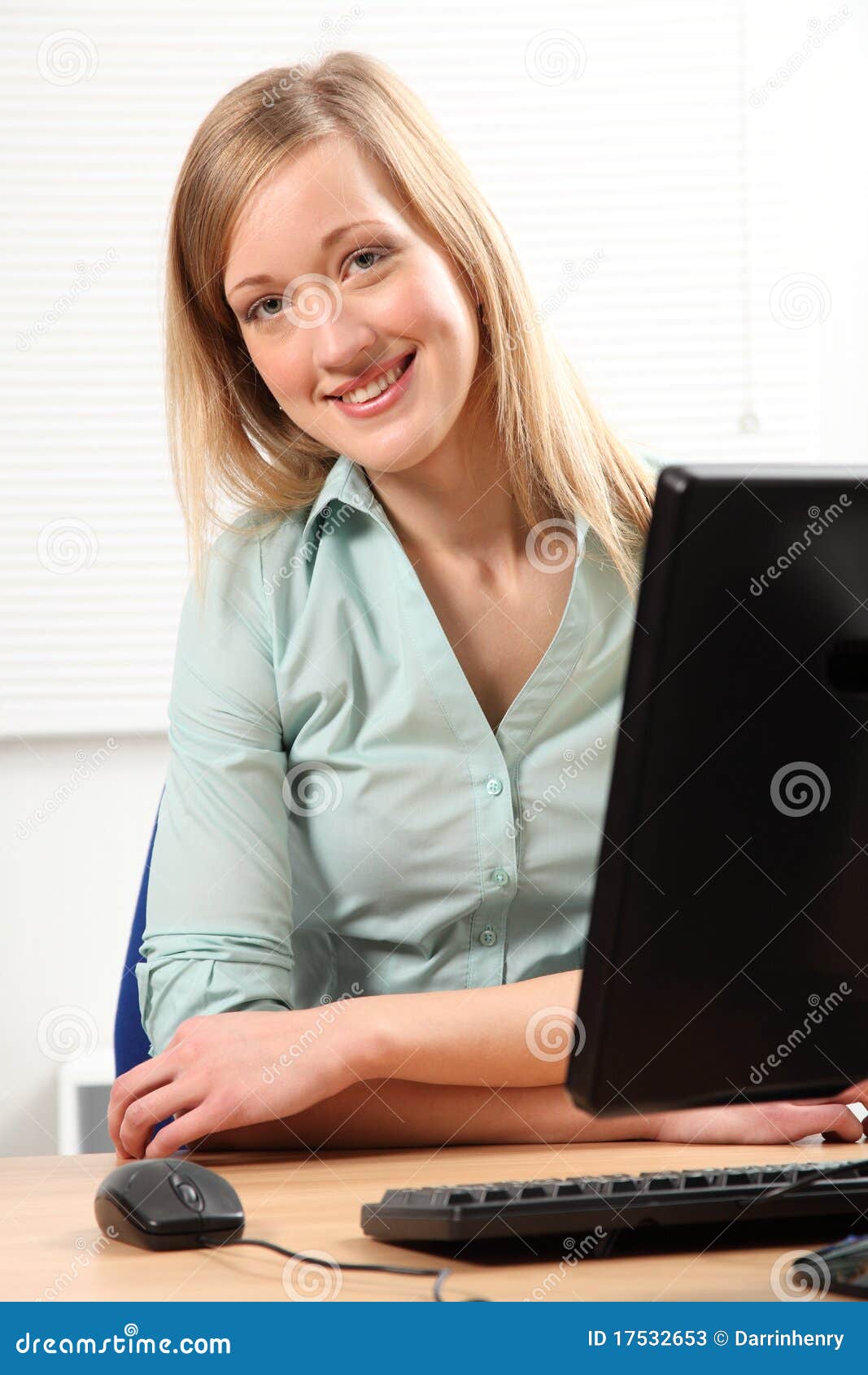 Beautiful Happy Blonde Woman at Office Computer Stock Image - Image of ...