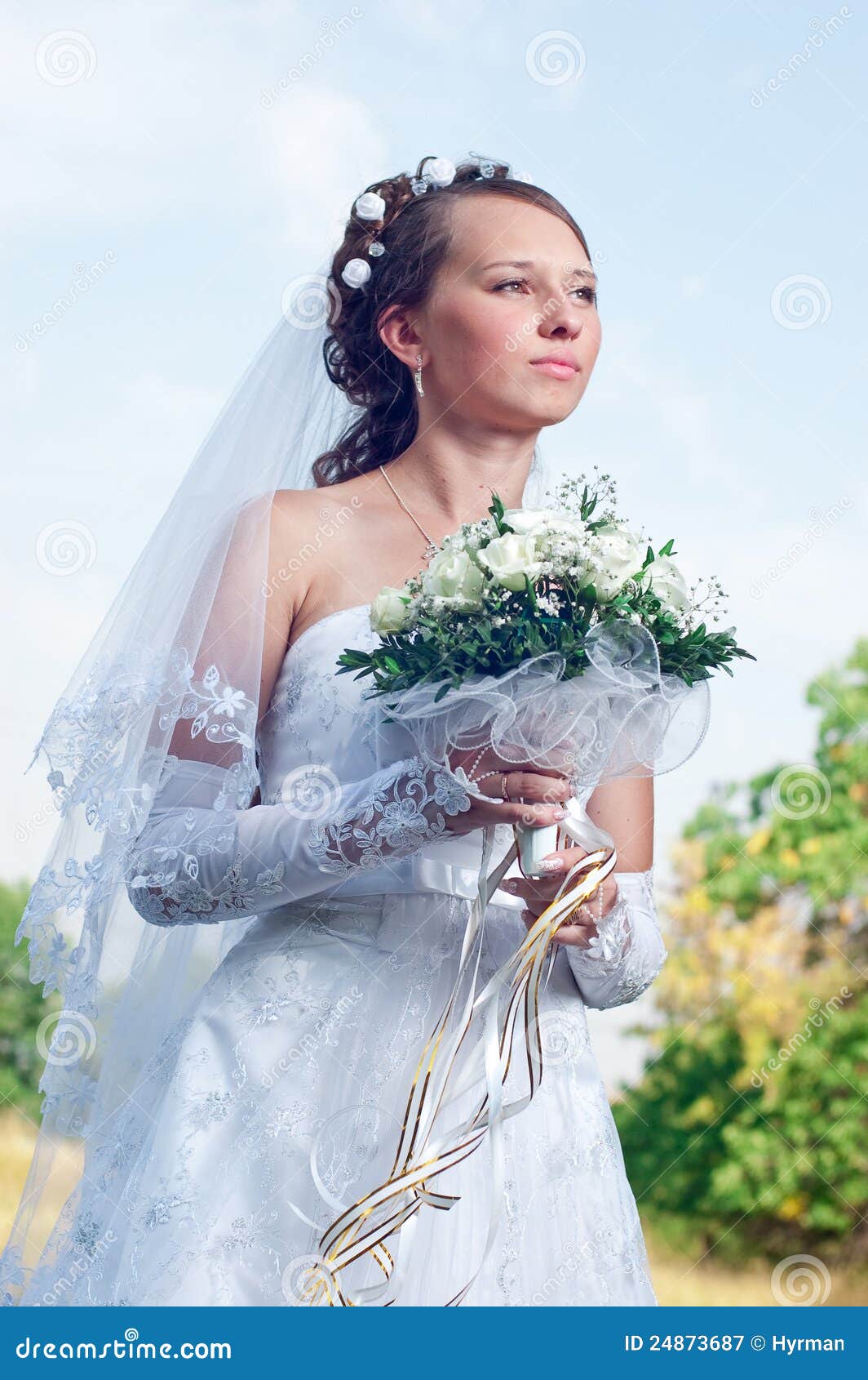 Beautiful Happy Bride Looks Down Stock Image - Image of nature ...