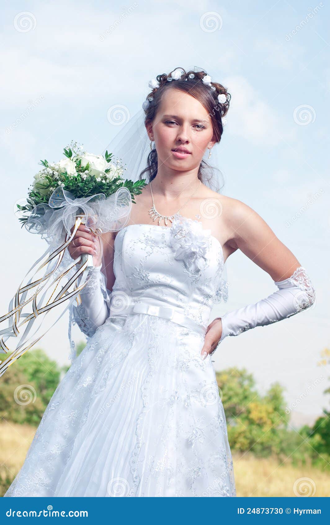 Beautiful Happy Bride Looks Down Stock Photo - Image of bright ...
