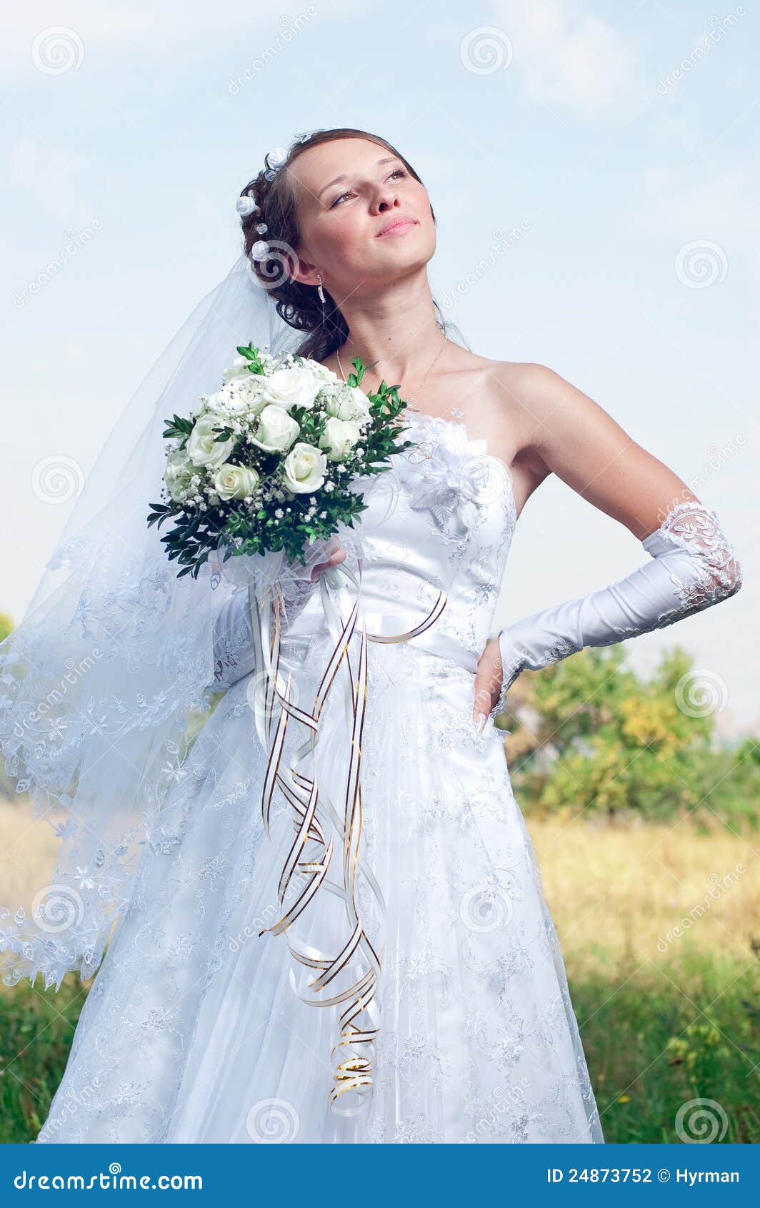 Beautiful Happy Bride Looks Down Stock Photo - Image of married ...