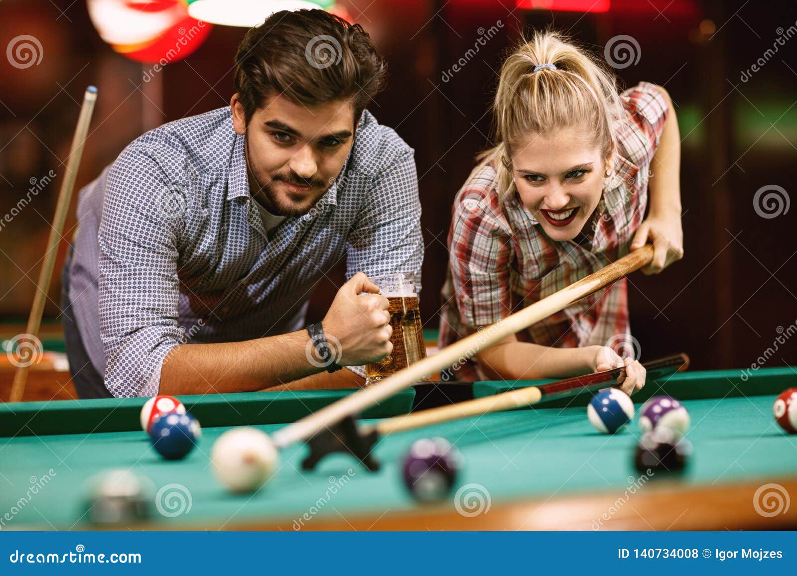 Beautiful Happy Couple Playing Billiards Stock Photo - Image of dating ...