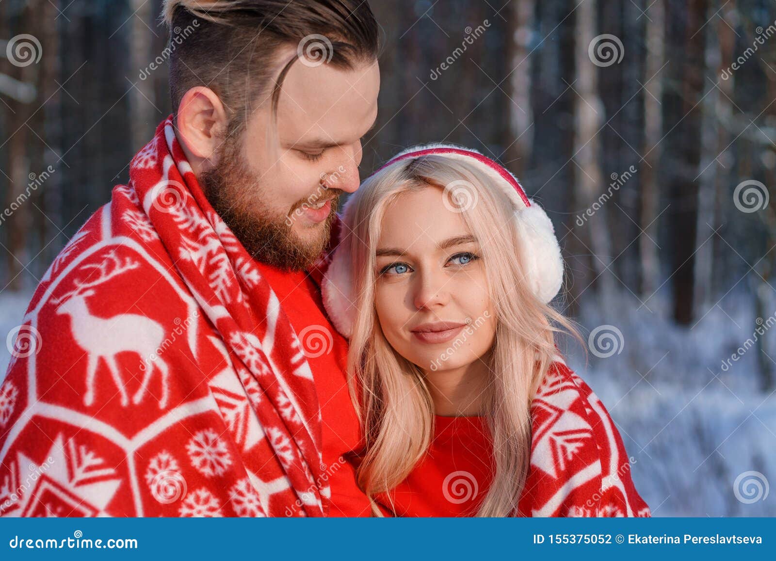 Beautiful Happy Couple in Winter Forest Cuddling Stock Photo - Image of ...