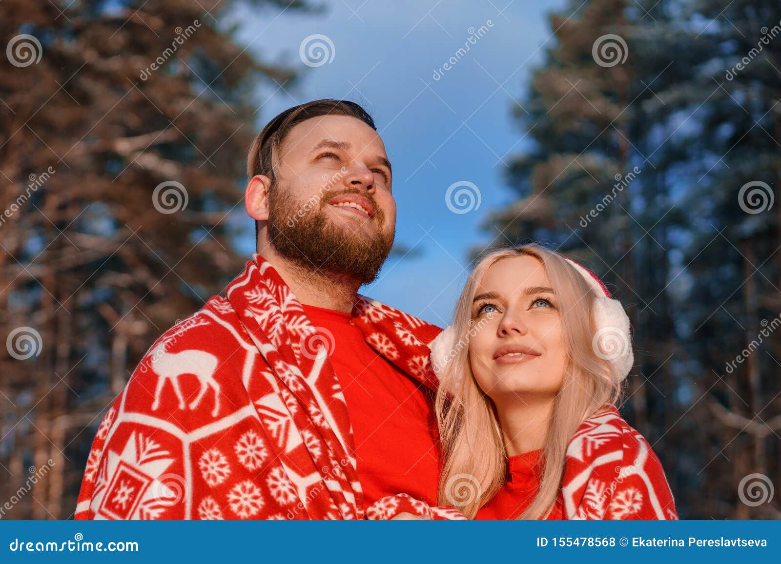 Beautiful Happy Couple in Winter Forest Cuddling Stock Photo - Image of ...
