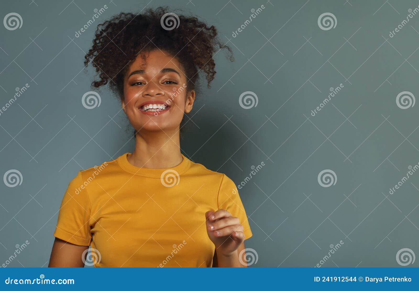 Beautiful Happy Dark Skinned African American Ethnicity Woman In Yellow