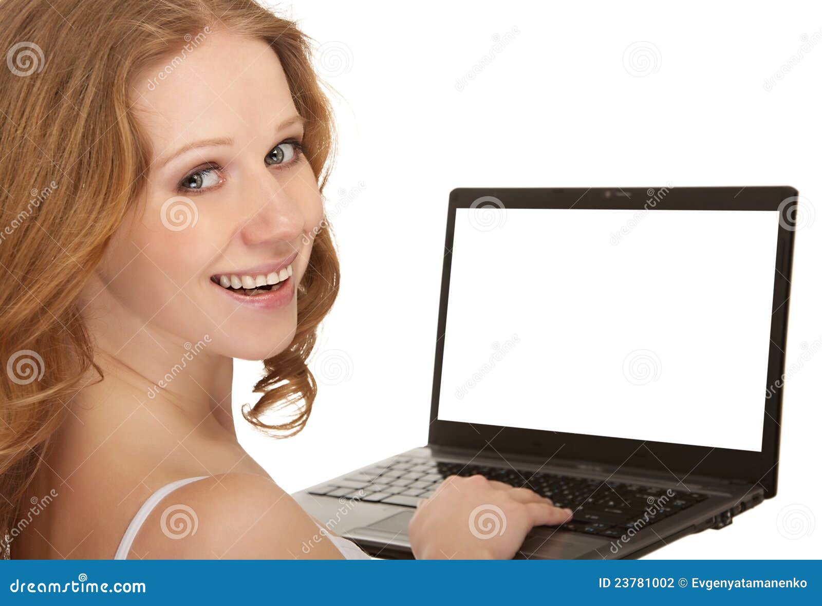 Beautiful Happy Girl with Laptop, Blank Screen Stock Photo - Image of ...