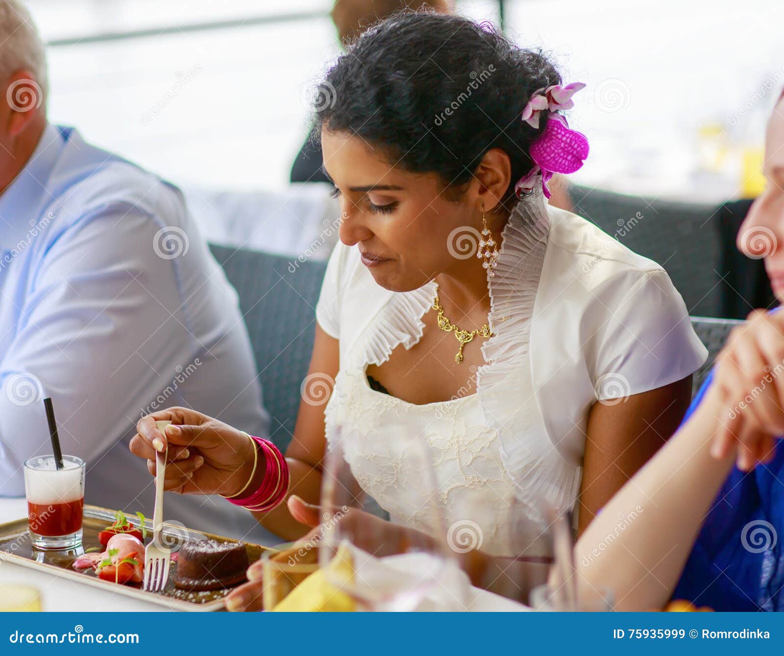 Beautiful Happy Indian Bride Eating on Wedding Dinner. Stock Image ...