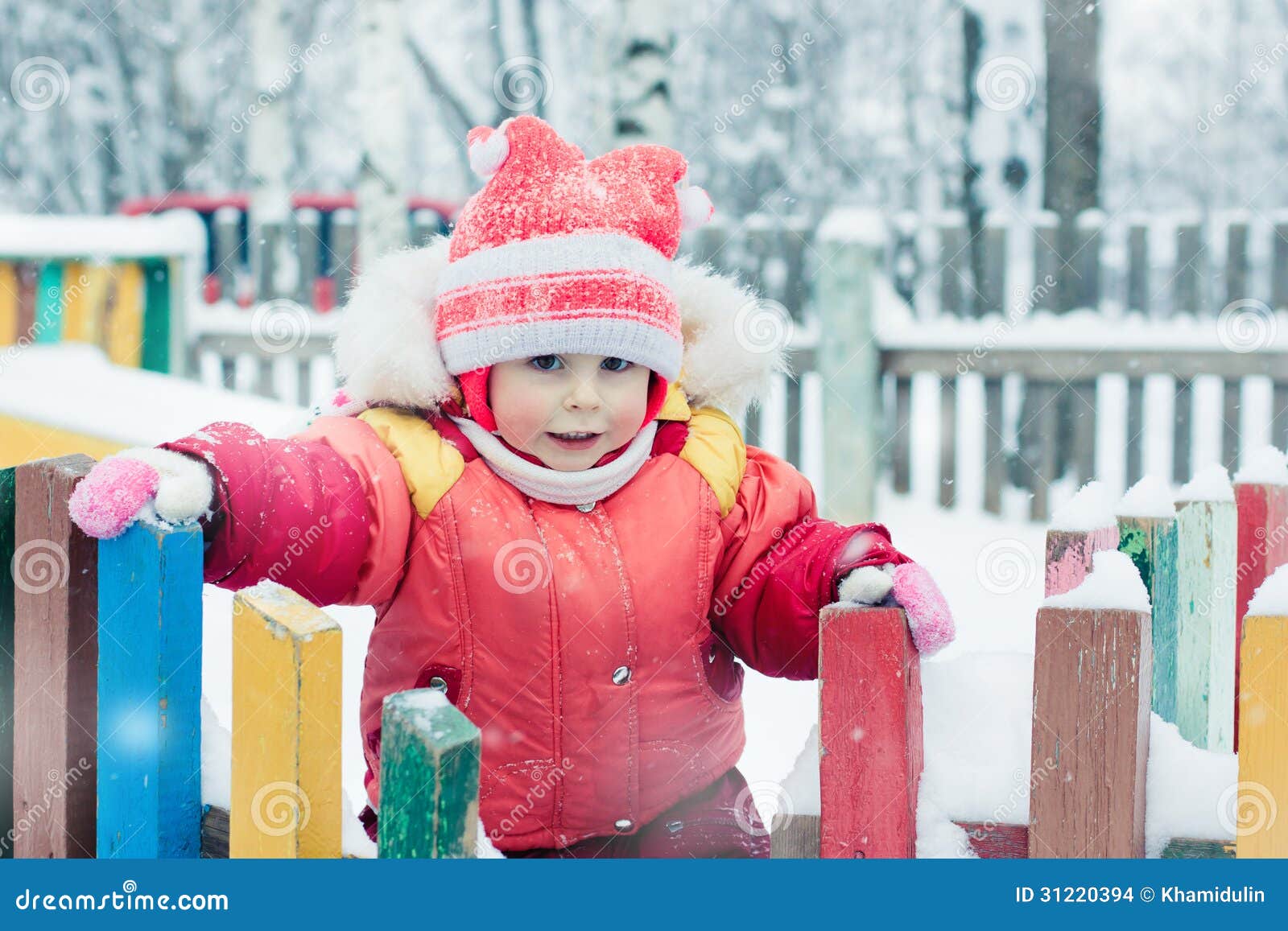 Beautiful Happy Kid in the Red Jacket Stock Photo - Image of january ...