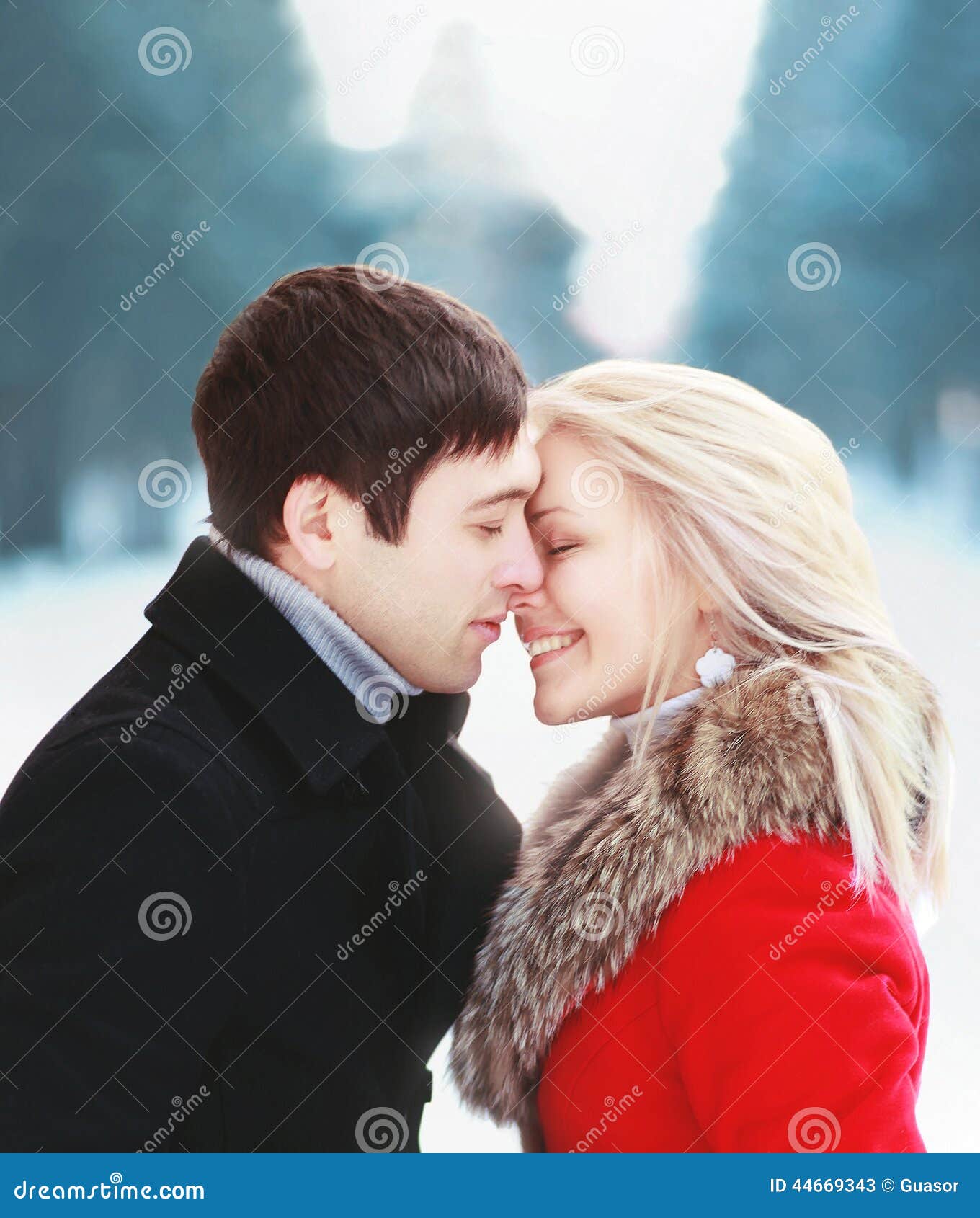 Beautiful Happy Sensual Couple In Love In Cold Sunny Winter Day Stock