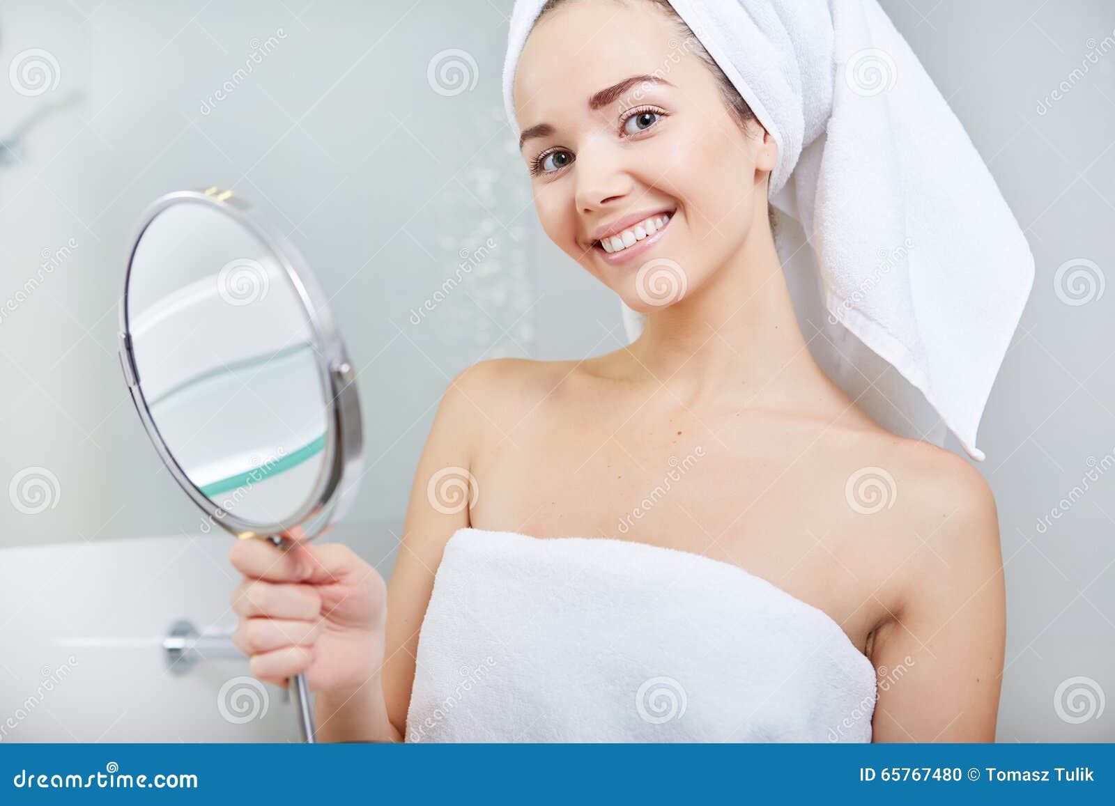Beautiful Healthy Woman and Reflection in the Mirror Stock Photo ...