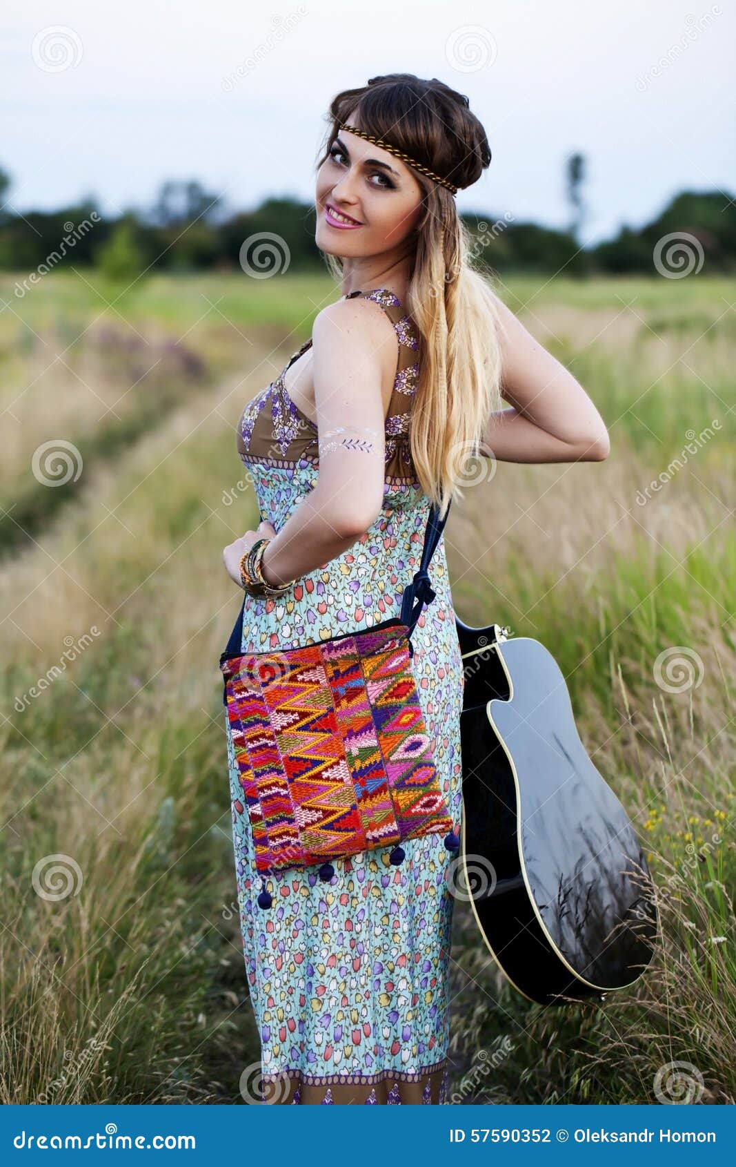 Beautiful Hippie Girl with a Guitar Stock Photo - Image of girl ...
