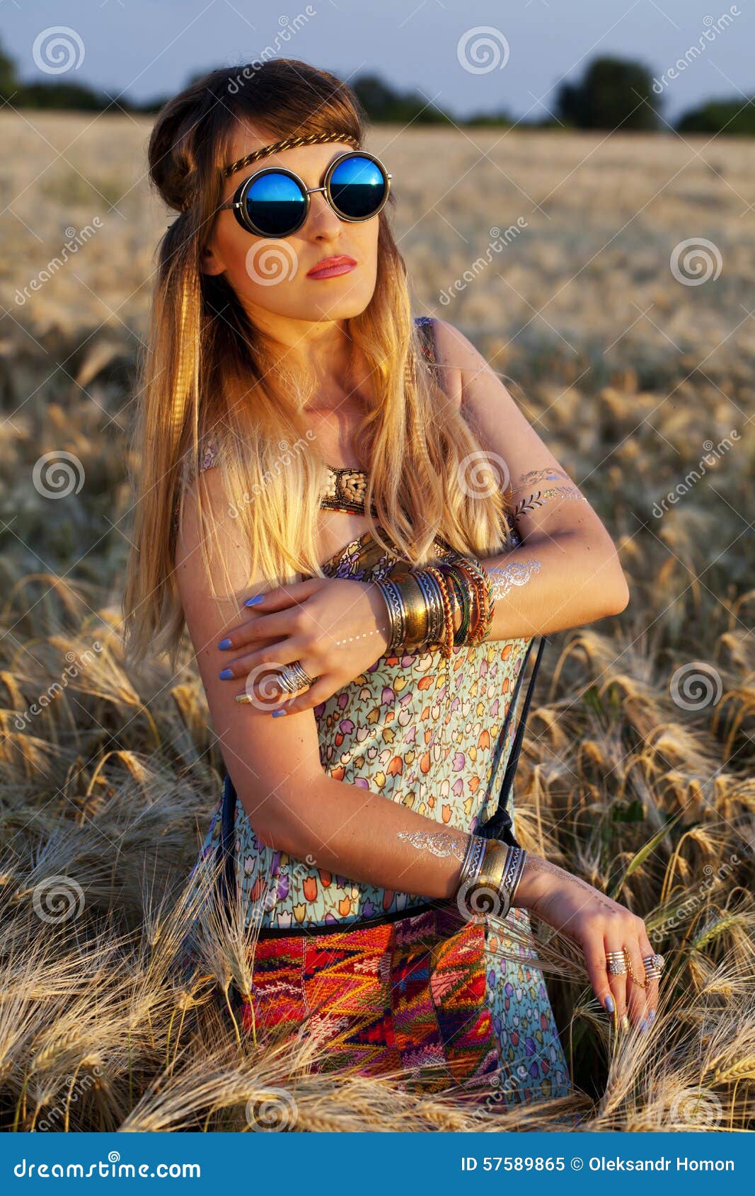 Beautiful Hippie Girl at Sunset Stock Image - Image of field, portrait ...