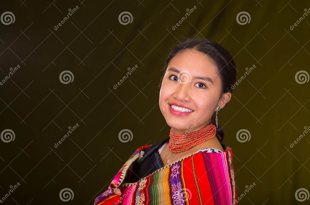 Beautiful Hispanic Model Wearing Andean Traditional Clothing Smiling