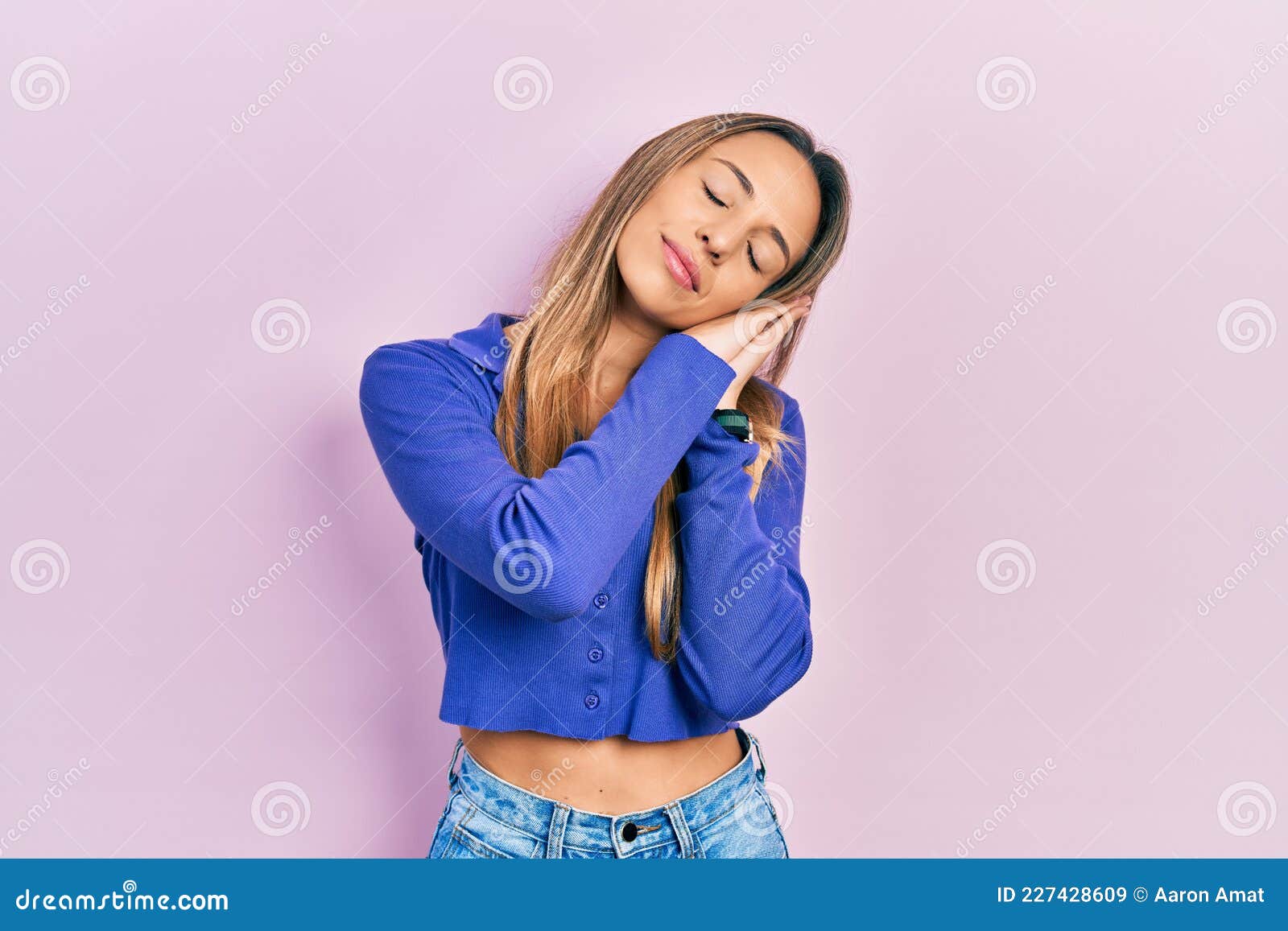 Beautiful Hispanic Woman Wearing Casual Blue Shirt Sleeping Tired