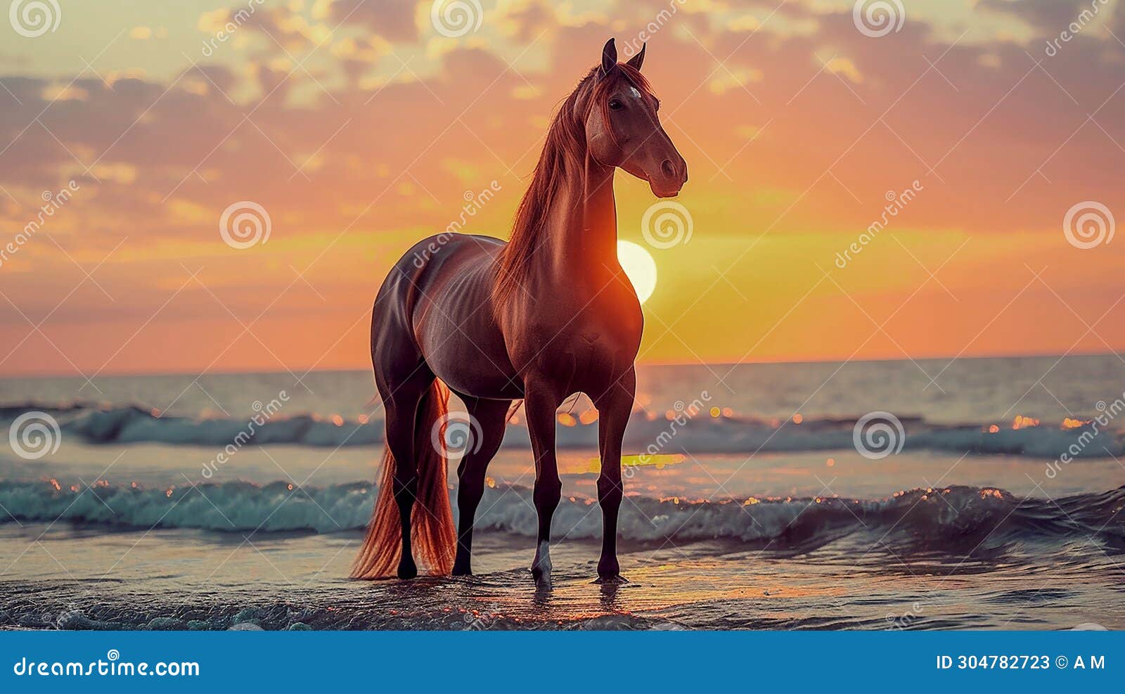 Beautiful Horse Standing on the Beach at Sunset Stock Illustration ...