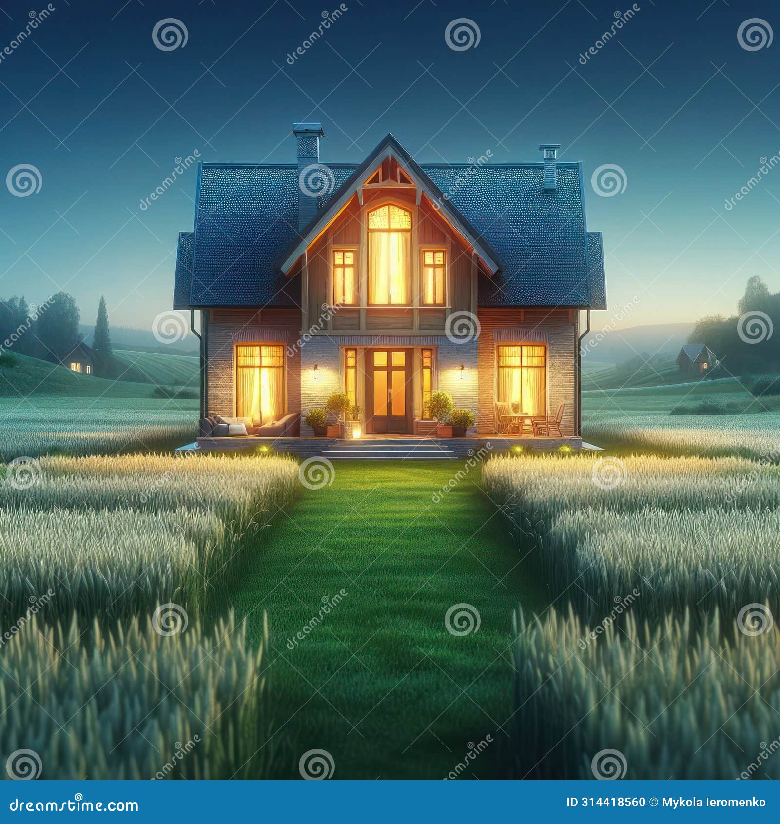 Beautiful House with Glowing Windows in the Middle of the Field. Stock ...