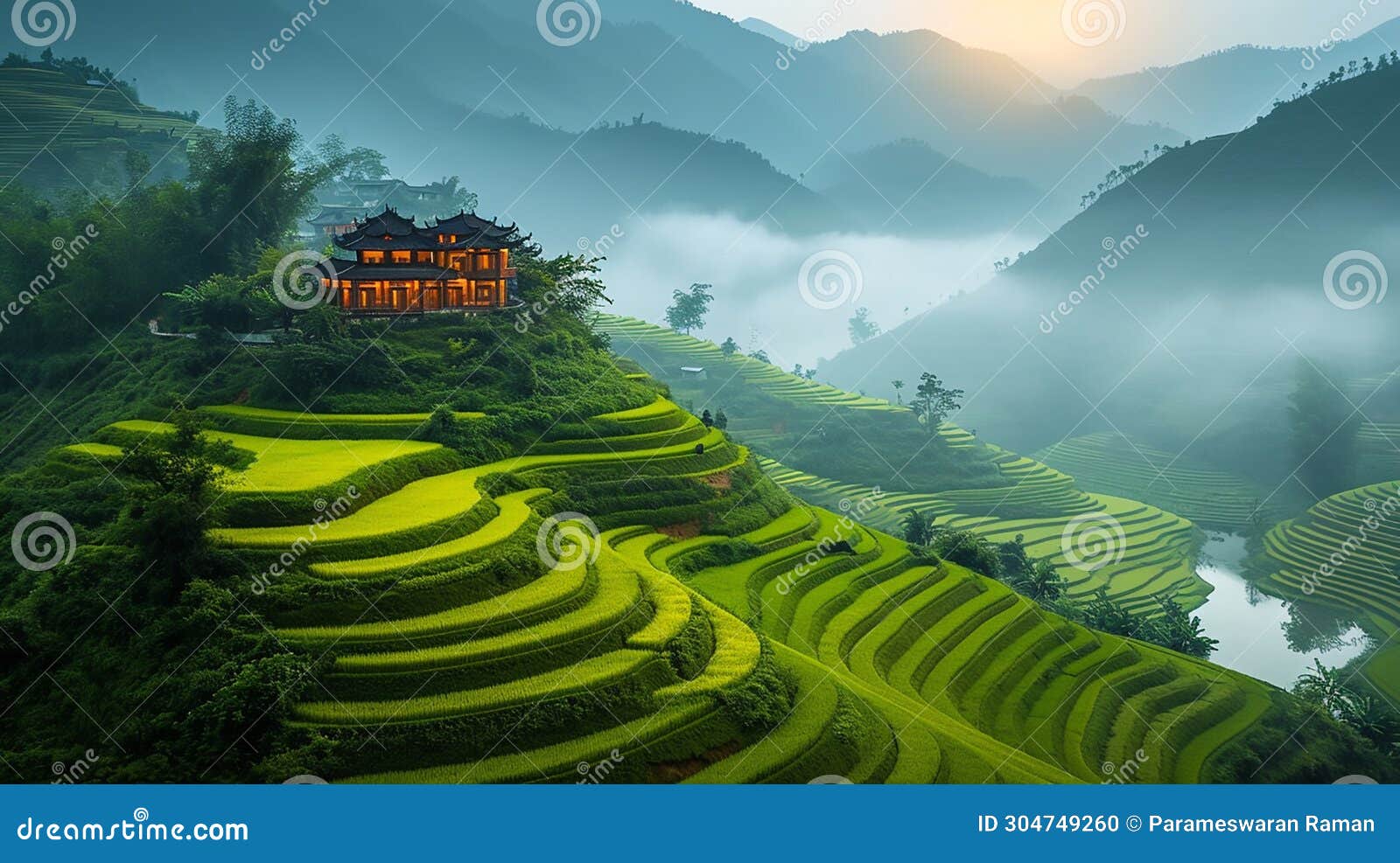 Rice field in the hills stock photo. Image of horizontal - 304749260