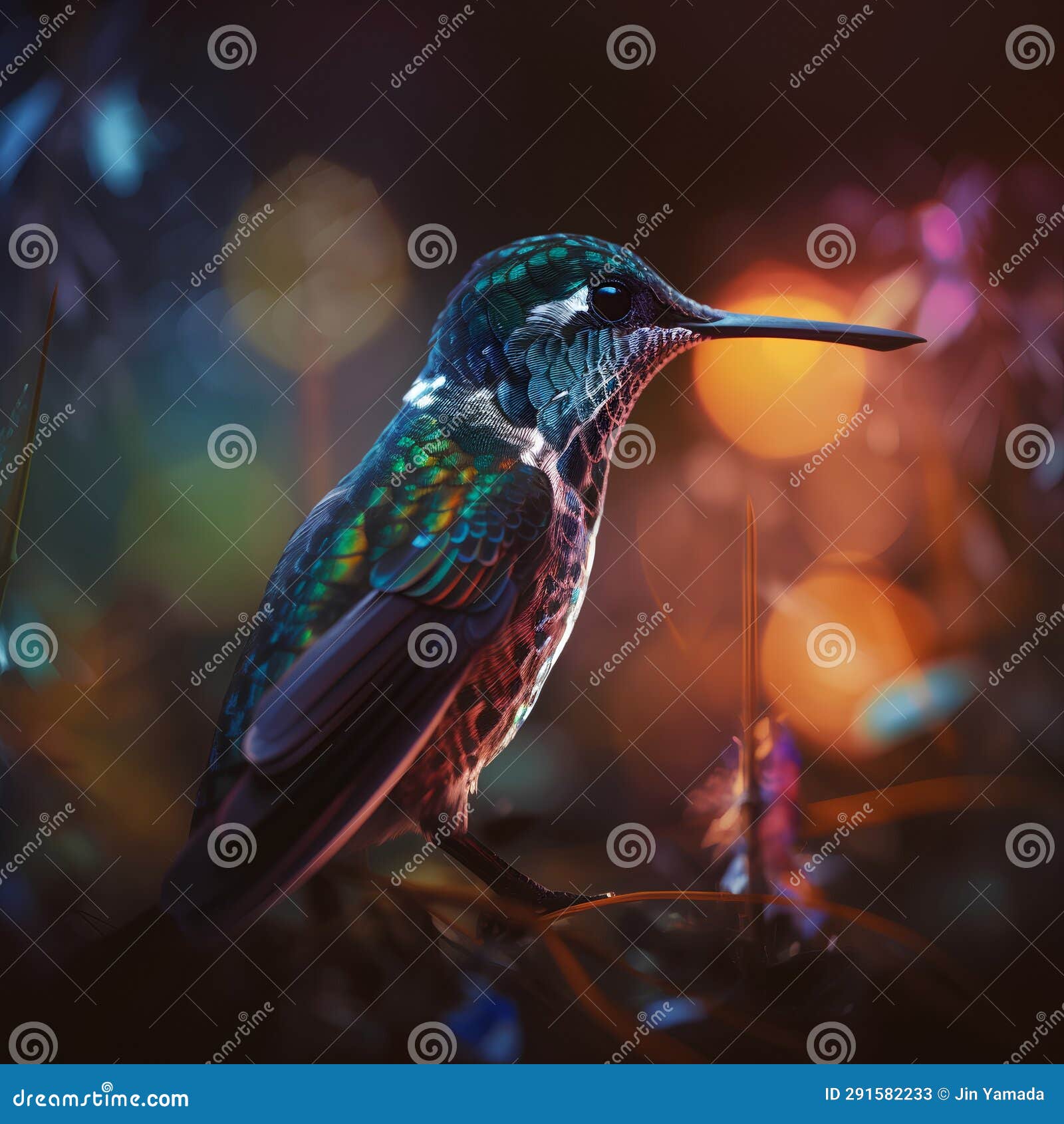 Beautiful Hummingbird Sitting on the Grass in the Forest at Night Stock ...