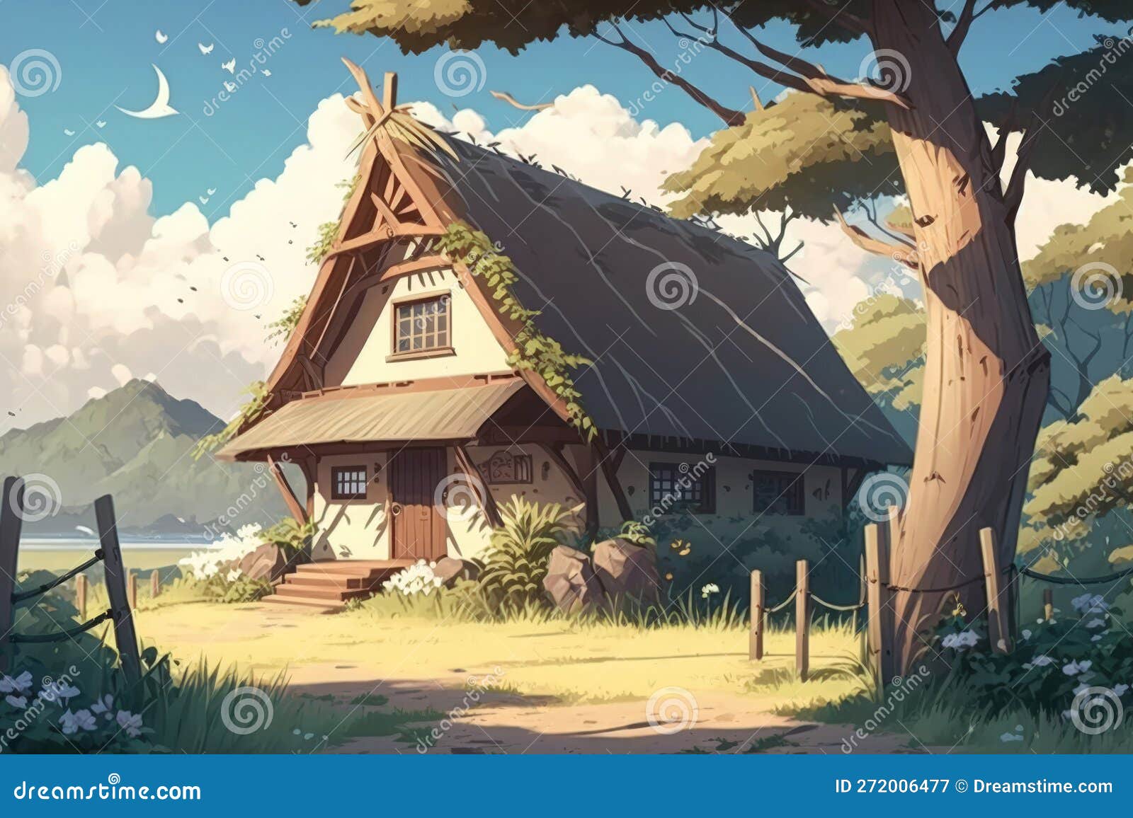 Beautiful Hut Anime Background Landscape Illustration Stock ...