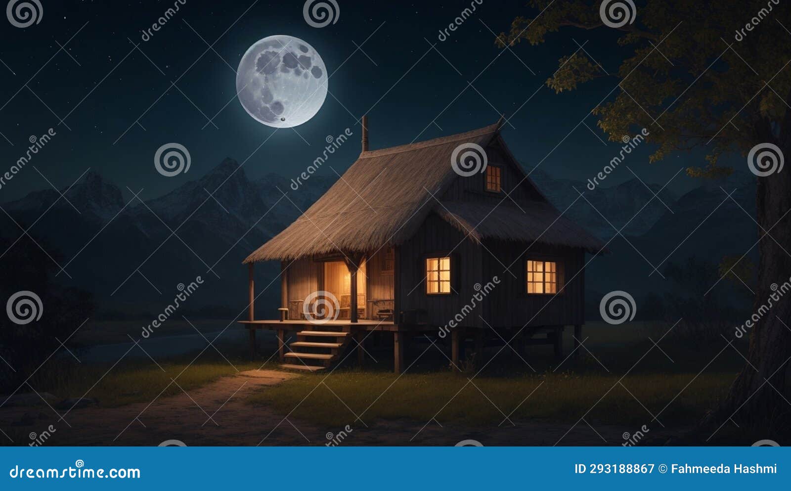 A Beautiful Hut in a Full Moon Light. Beautiful Night Scene. Stock ...