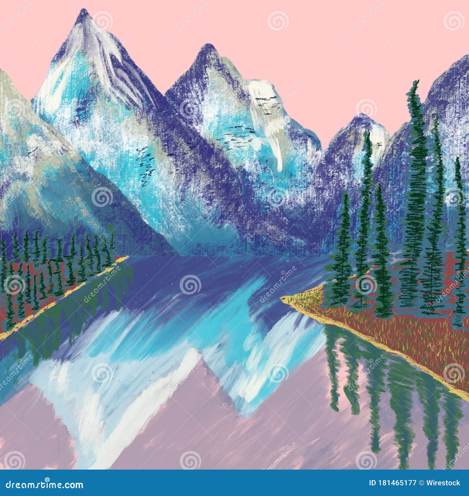 Beautiful Illustration of Mountains Reflecting in the River Stock ...