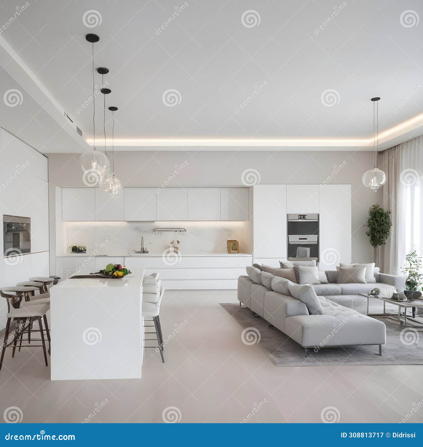 Open-plan Interior with a Luxurious Living Room and White Kitchen ...