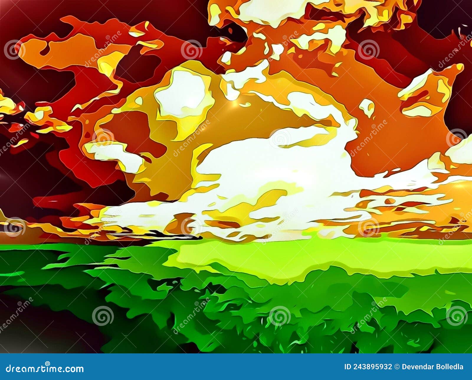 Beautiful Illustration of Red Sky Over Green Field Stock Illustration ...