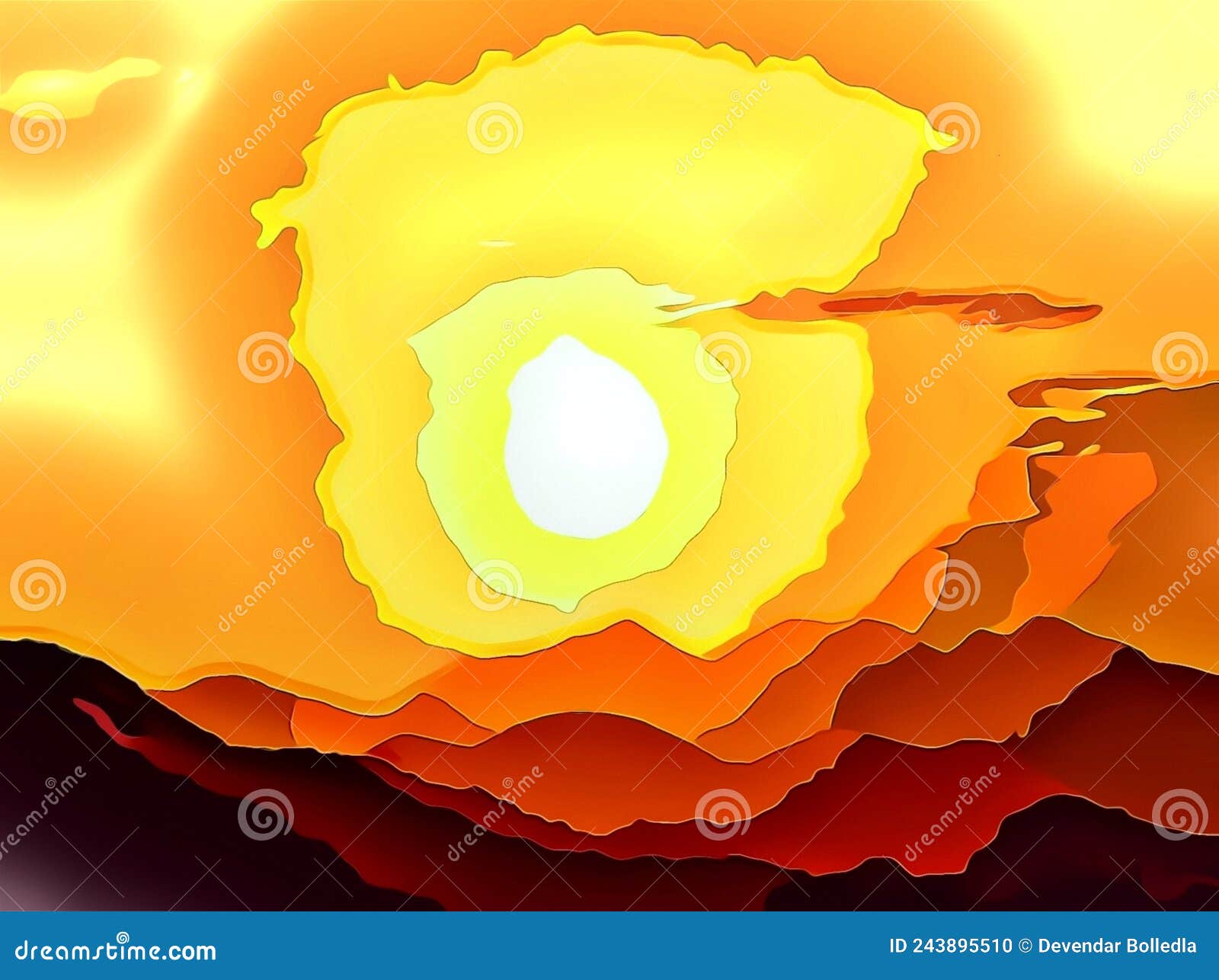 Beautiful Illustration of Sunset Over Hills Stock Illustration ...