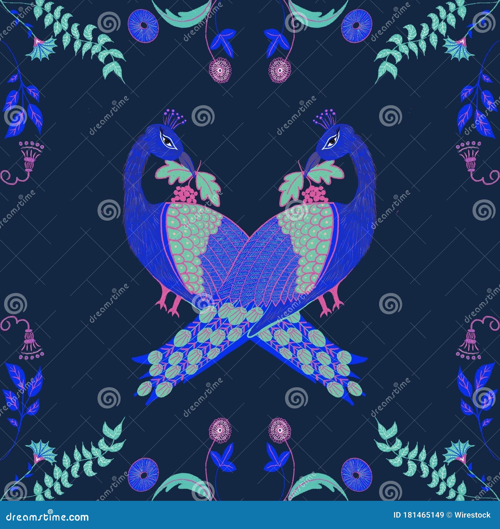 Beautiful Illustration of Two Blue Peacocks Looking at Each Other Stock ...