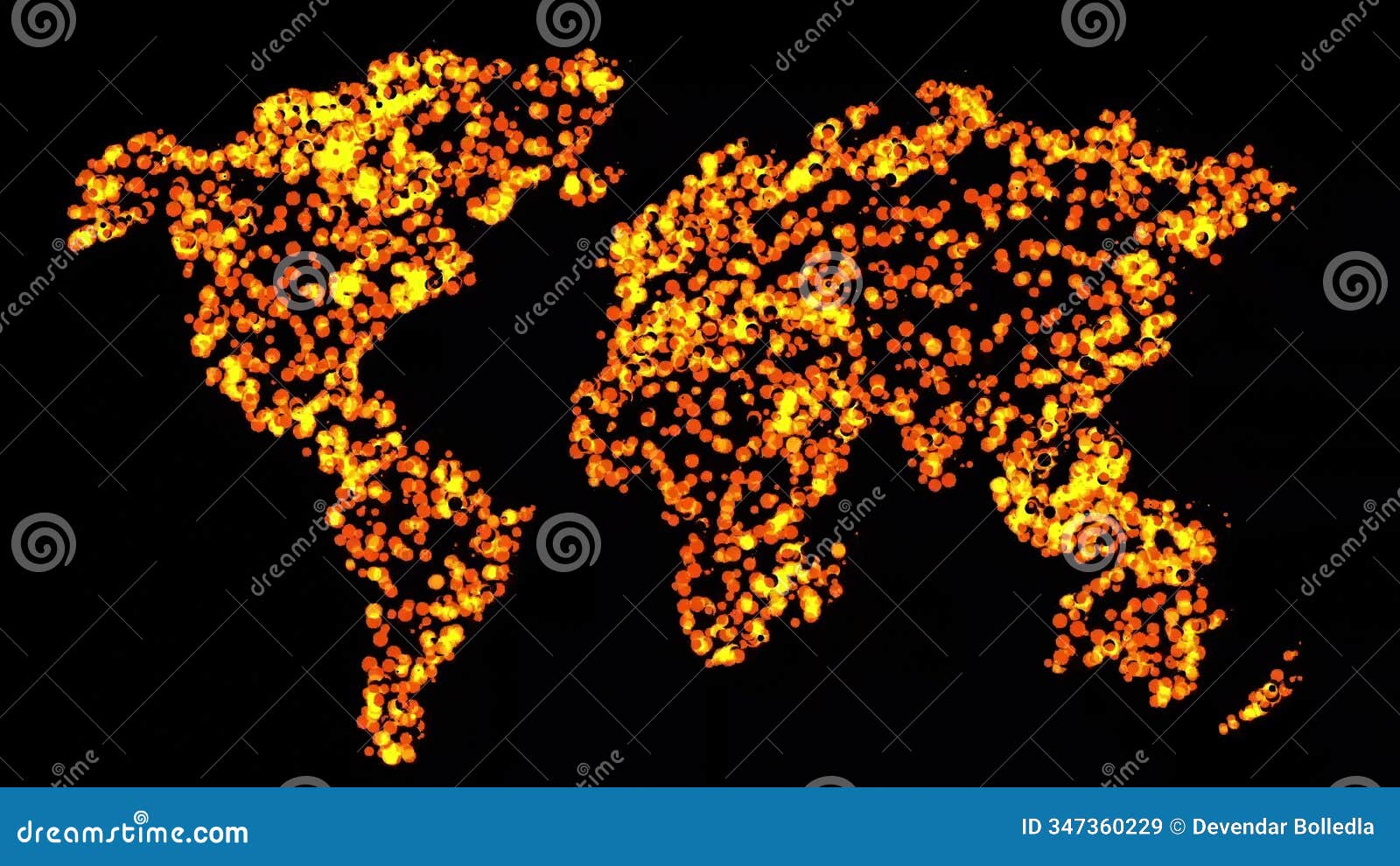 Beautiful Illustration of World Map with Fire Particles on Plain Black ...