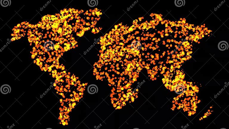 Beautiful Illustration of World Map with Fire Particles on Plain Black ...