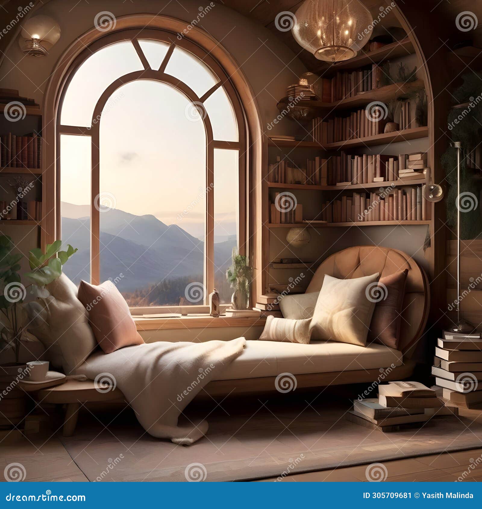 A Cozy Reading Nook Inside A Bay Window With Built-in Bookshelves And A ...