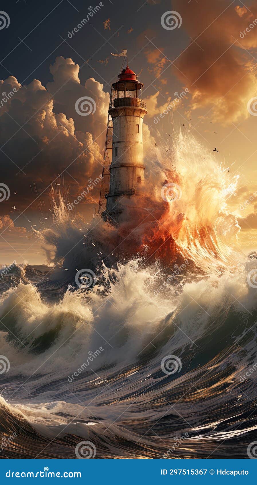 Beautiful Image of a Lighthouse in a Storm with Big Waves at Dawn Stock ...