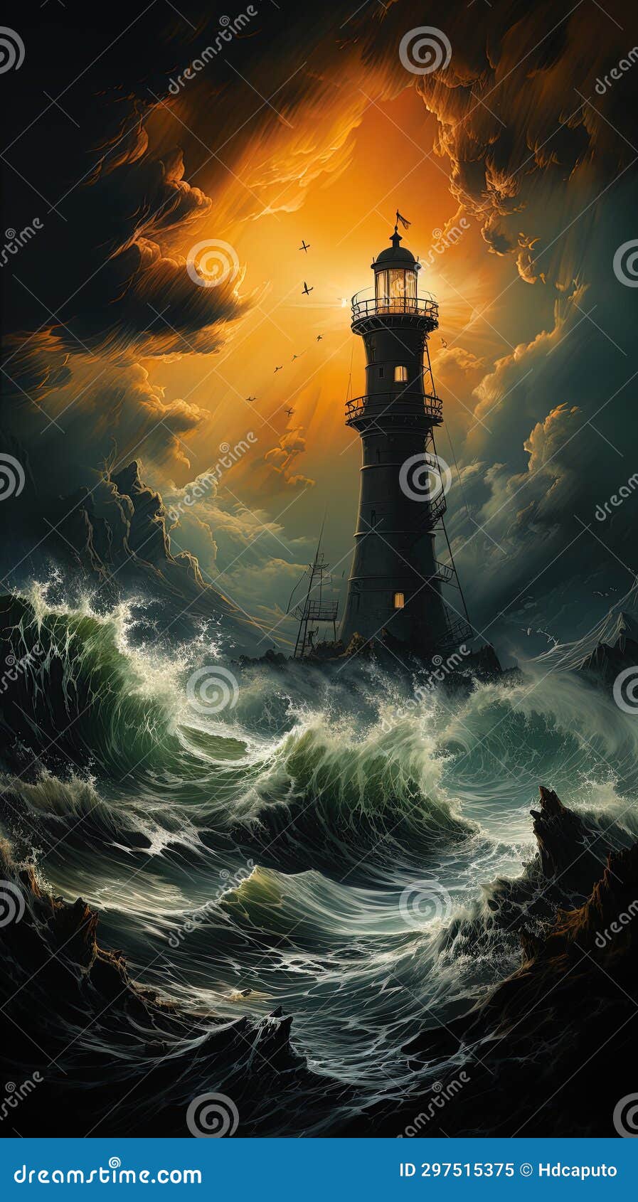 Beautiful Image of a Lighthouse in a Storm with Big Waves at Dawn Stock ...