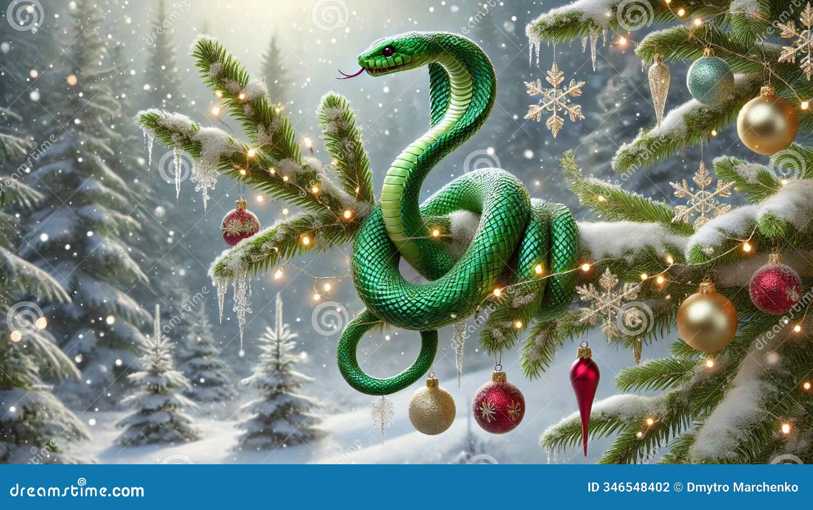 Among the Branches, Like a Guardian of the Holiday, a Green Tree Snake ...