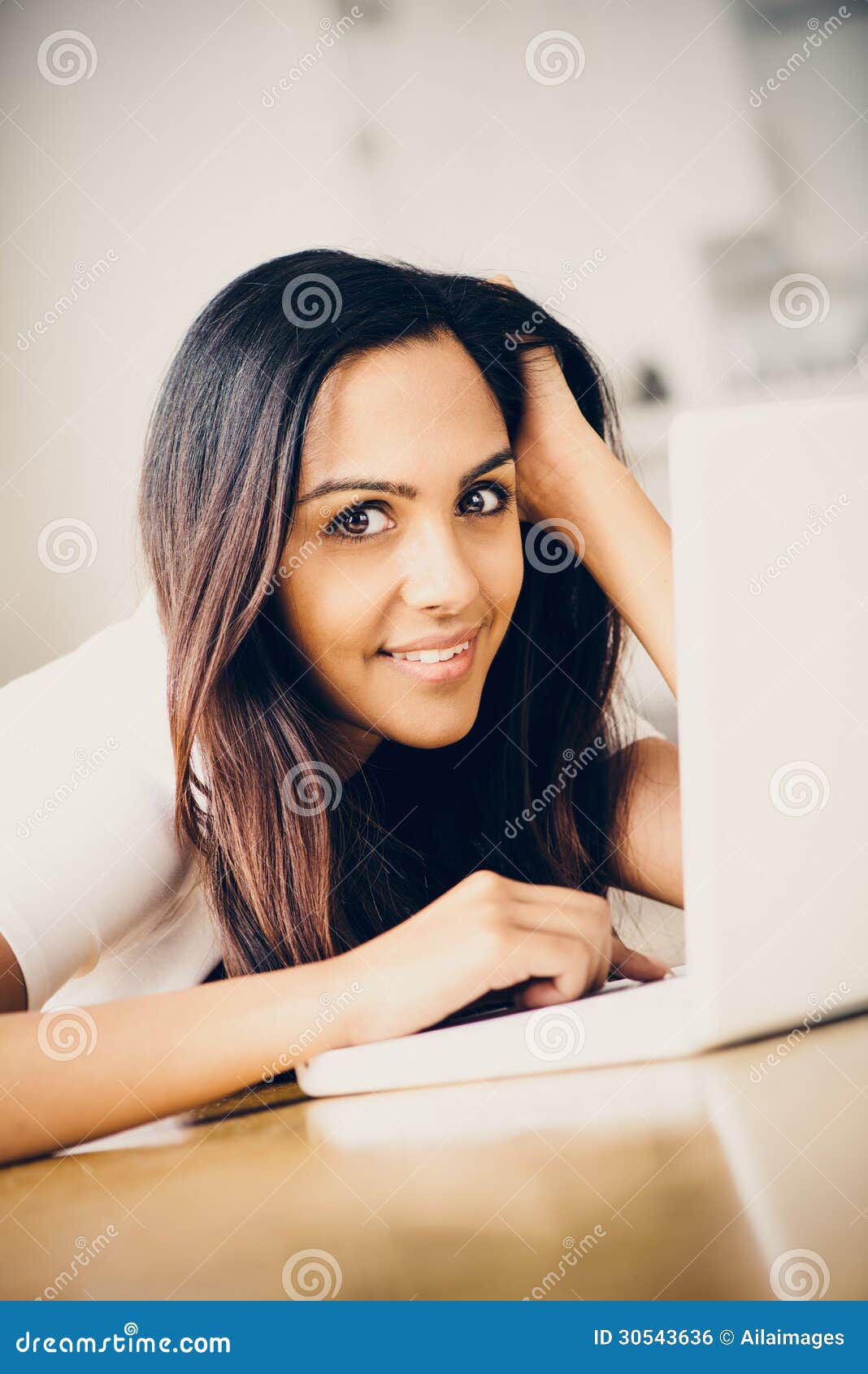 Beautiful Indian Woman Student Using Laptop Computer at Home Stock ...