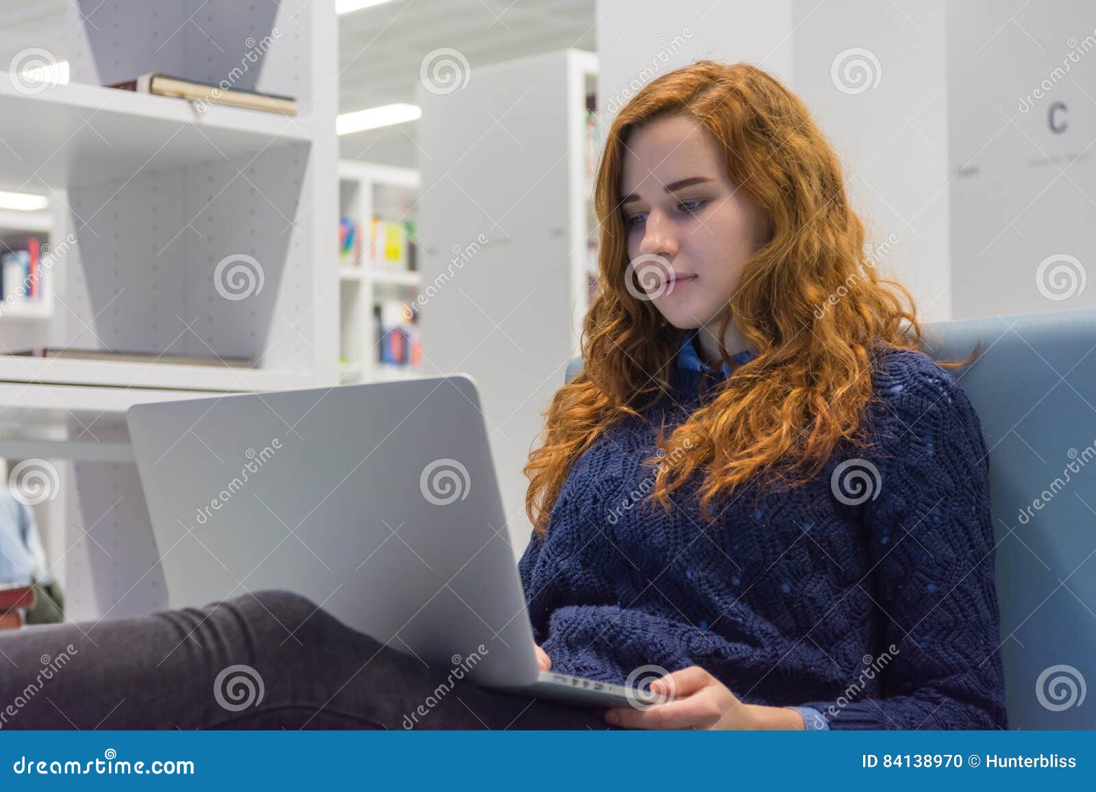 Beautiful Intelligent University Girl Using Laptop in White Mode Stock ...