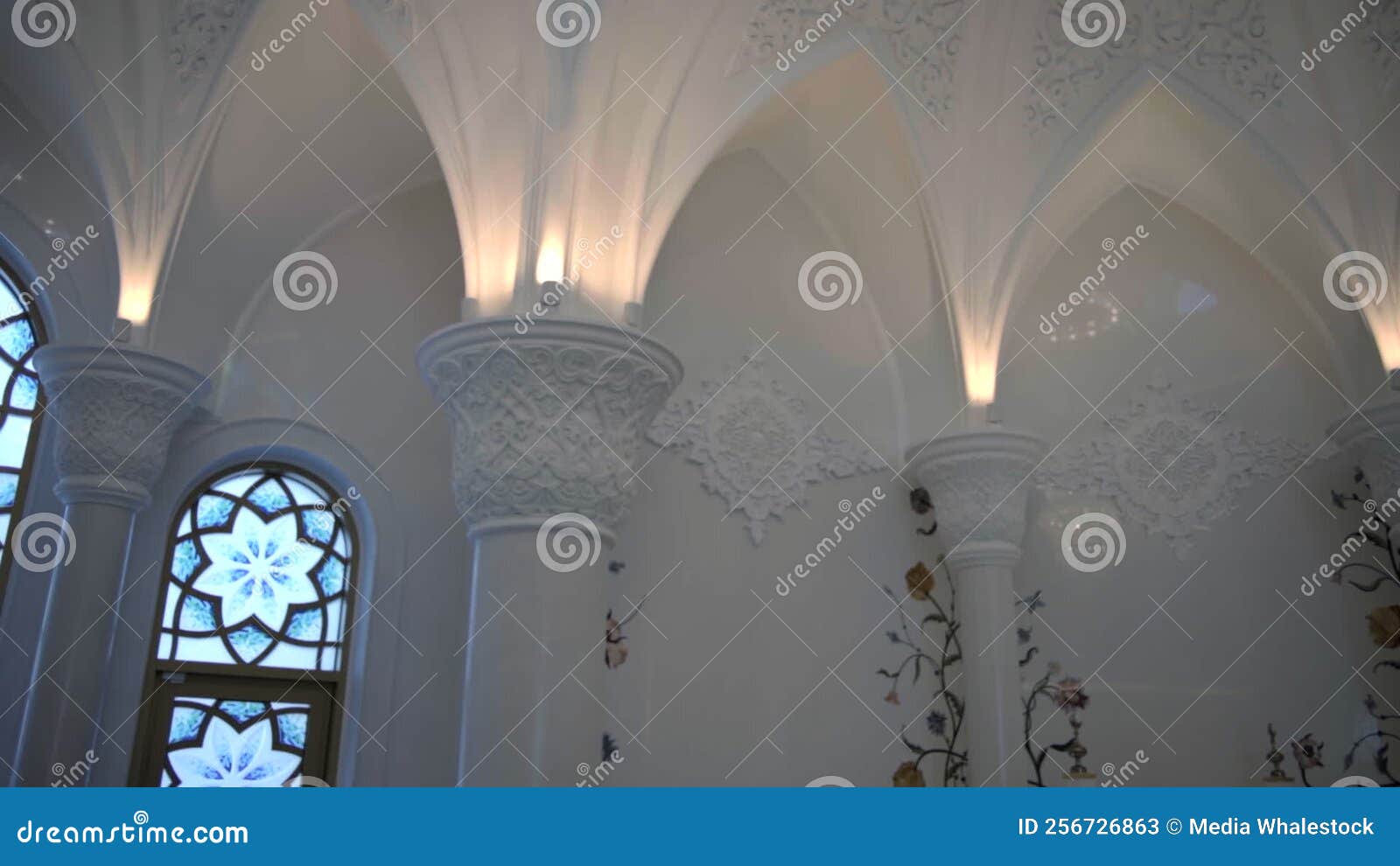 Beautiful Interior of White Mosque with Patterns. Scene. Light White ...
