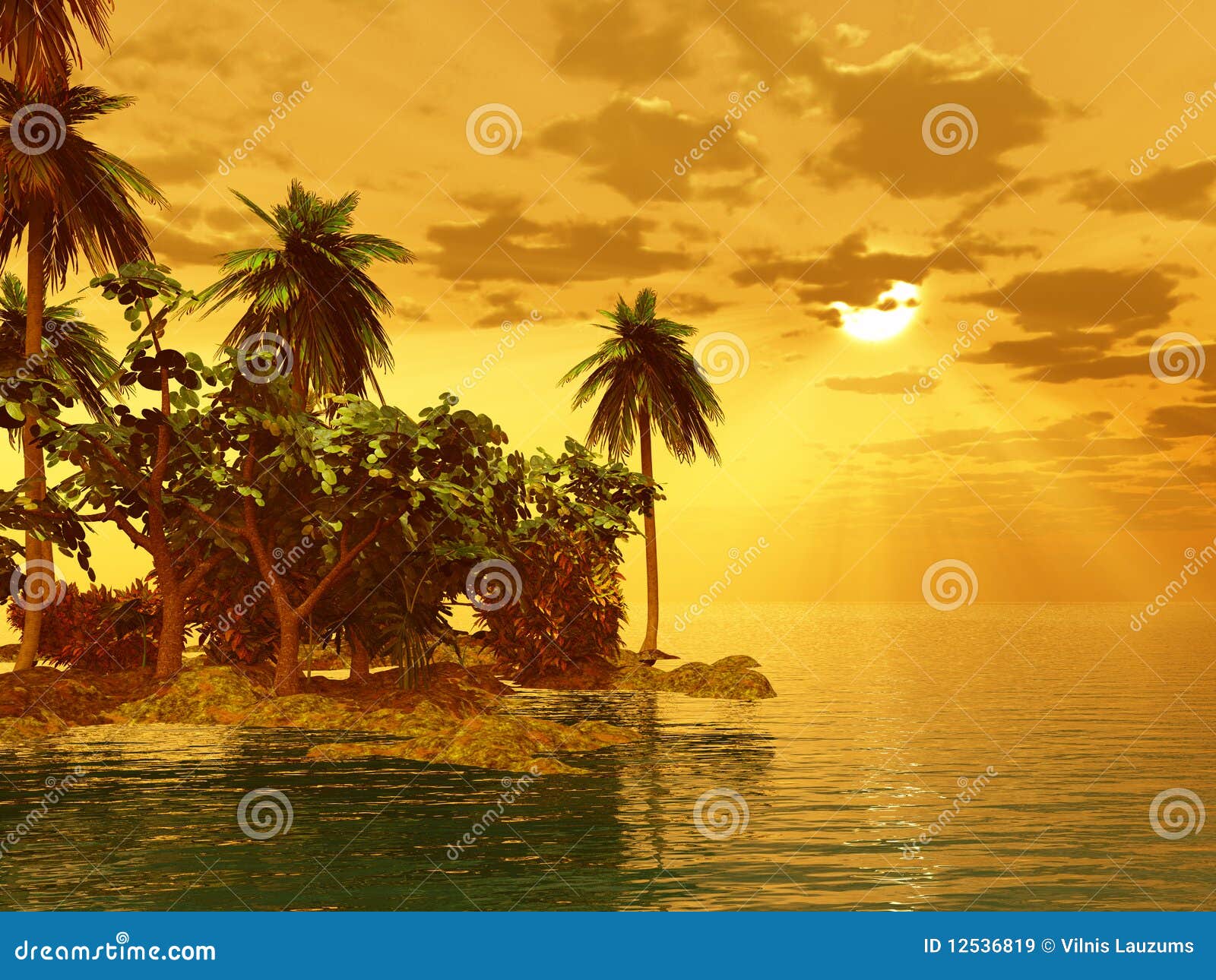 Beautiful Island in the Sunset Stock Illustration - Illustration of ...